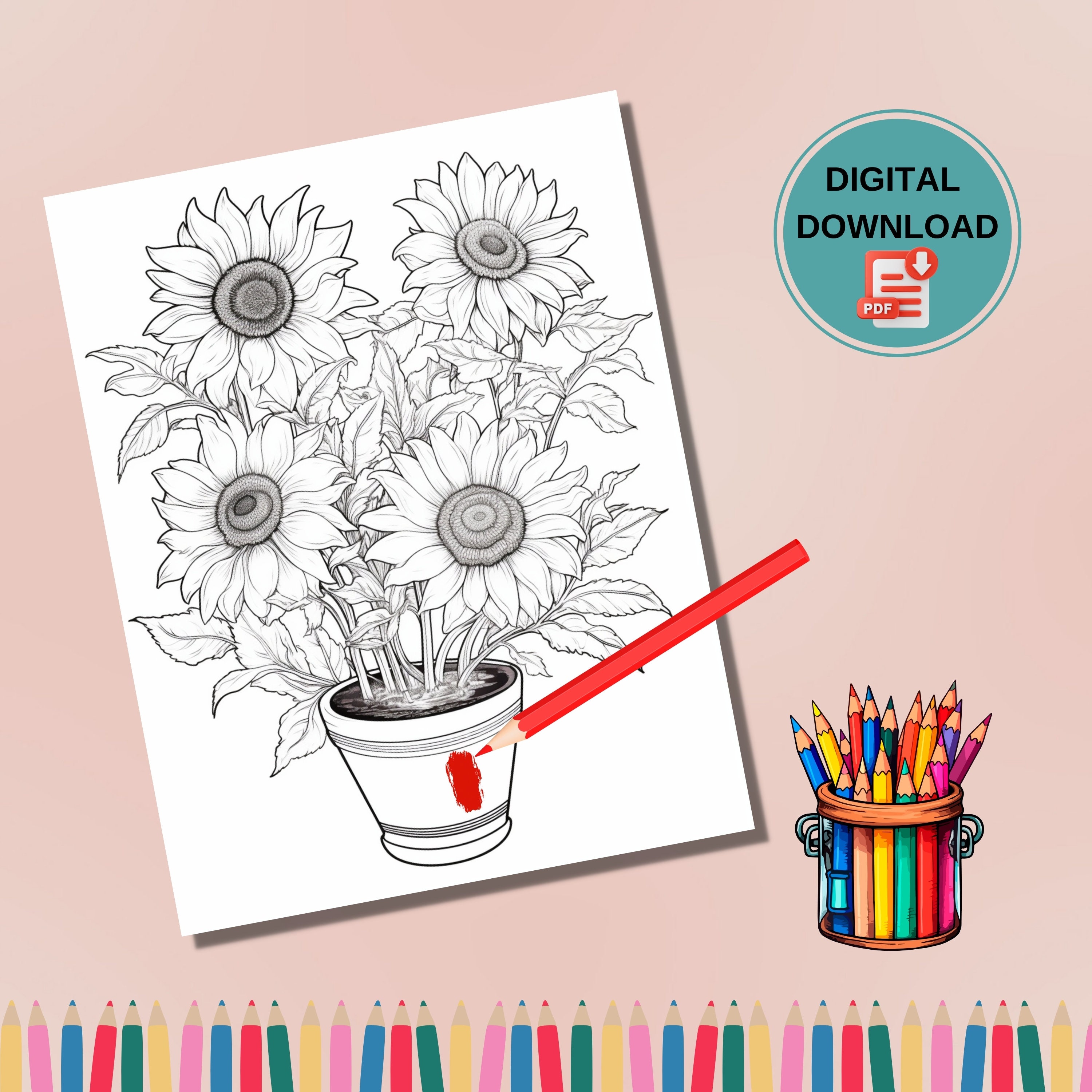 50 Sunflowers Coloring Book Pages, Botanical Floral Plant Coloring ...