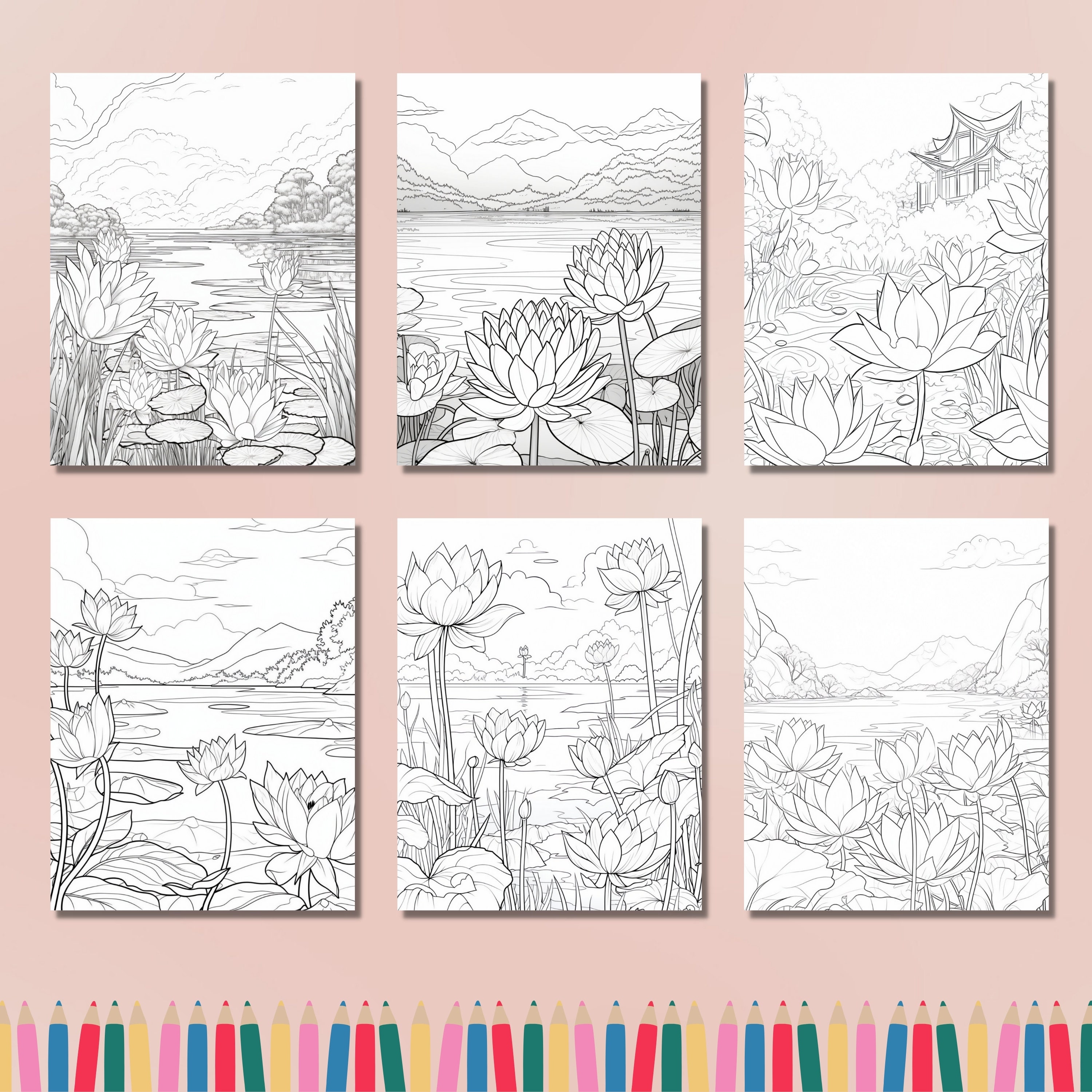 45 Lotus Flowers Coloring Book Page, Landscape Coloring Sheet ...