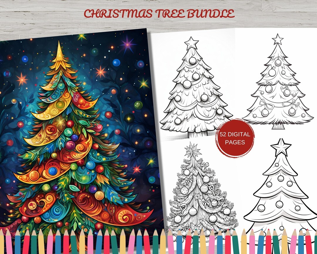 52 Christmas Tree Coloring Book, Printable Xmas Noel Holiday Coloring ...