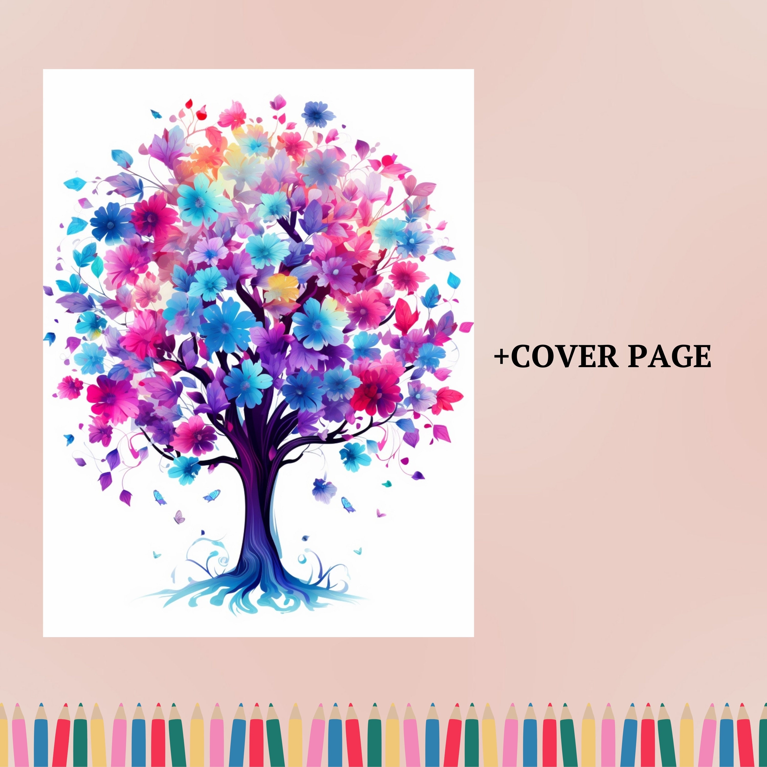 60 Floral Tree Coloring Book, Blooming Trees, Enchanted Fantasy Tree ...