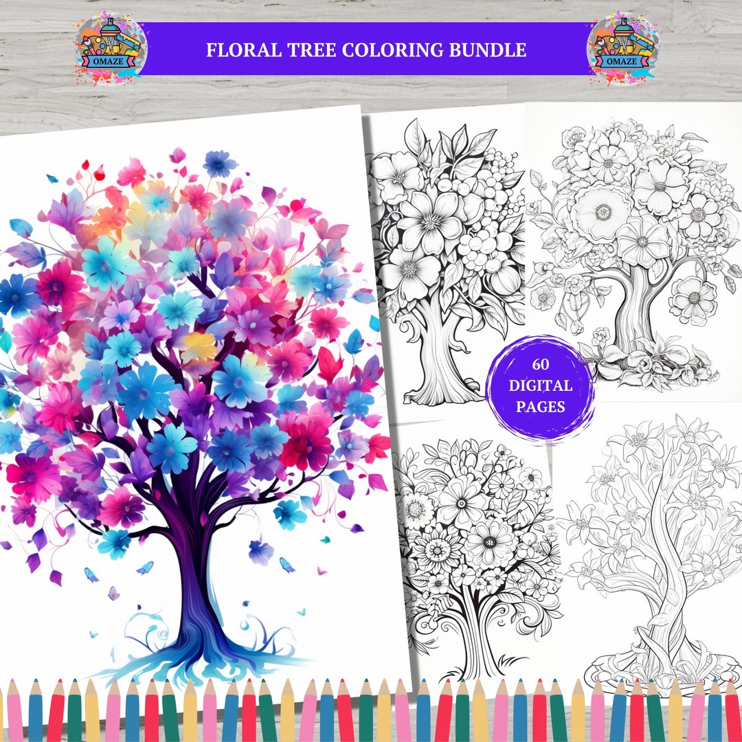 60 Floral Tree Coloring Book, Blooming Trees, Enchanted Fantasy Tree ...