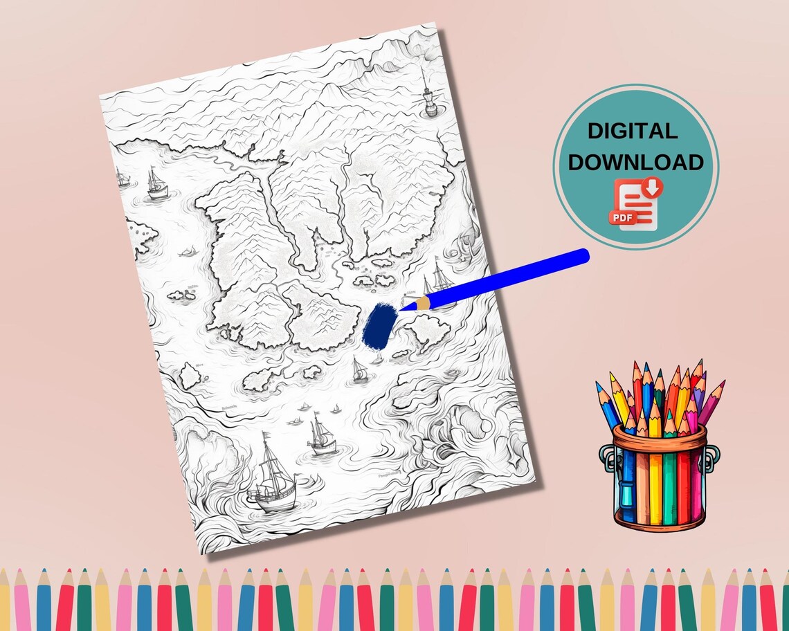 55 Fantasy Map Coloring Pages Adult and Kids Coloring Book, Fantasy ...