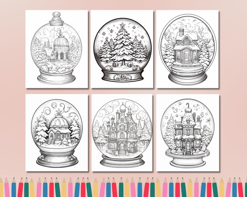 65 Christmas Snow Globes Coloring Book, Printable Xmas Coloring Pages ...