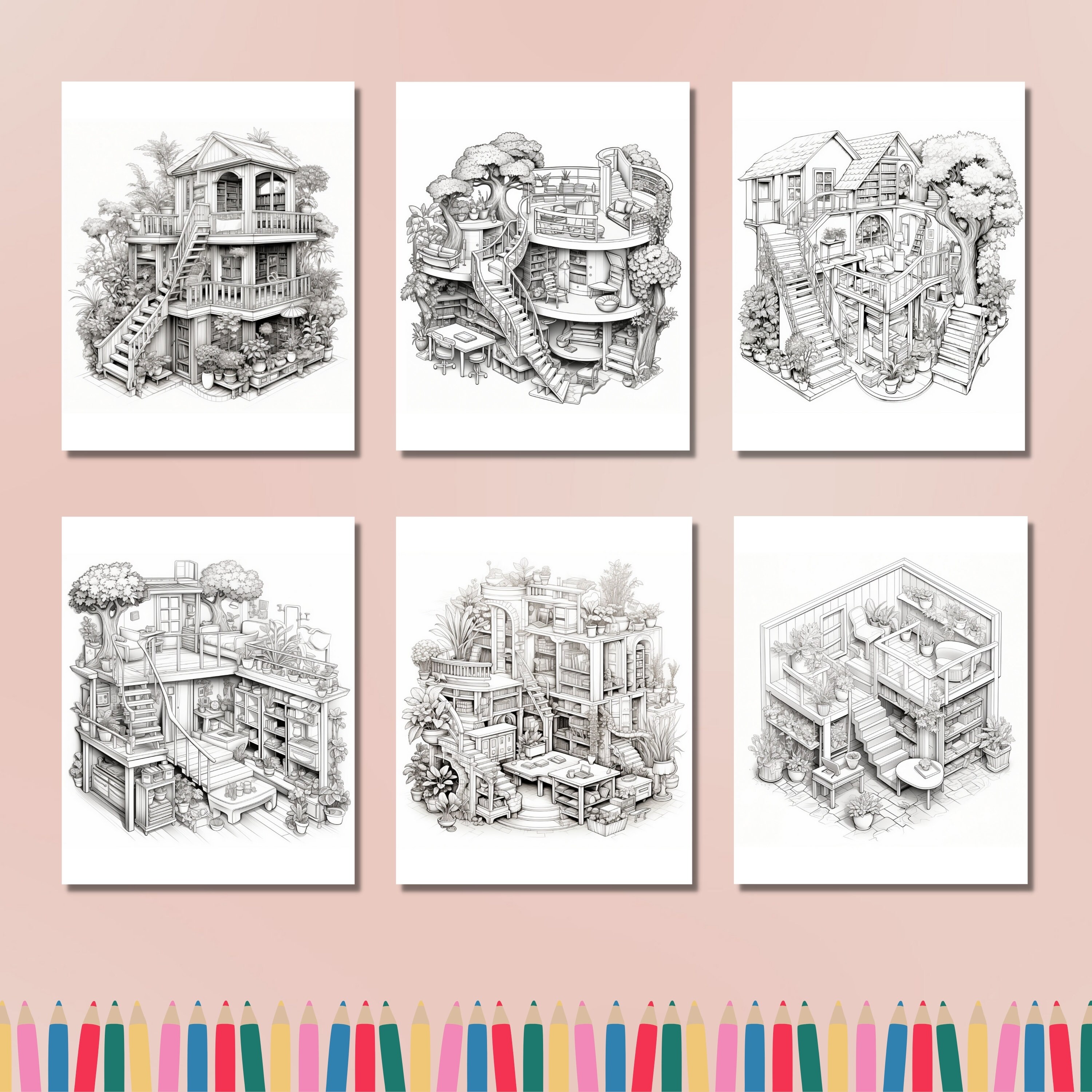 40 Isometric Room Coloring Pages, Fantasy Interior Isometric Coloring ...