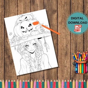 50 Anime Halloween Girls Coloring Book Page Manga Fantasy Halloween ...