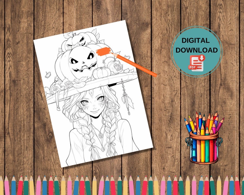 50 Anime Halloween Girls Coloring Book Page Manga Fantasy Halloween ...