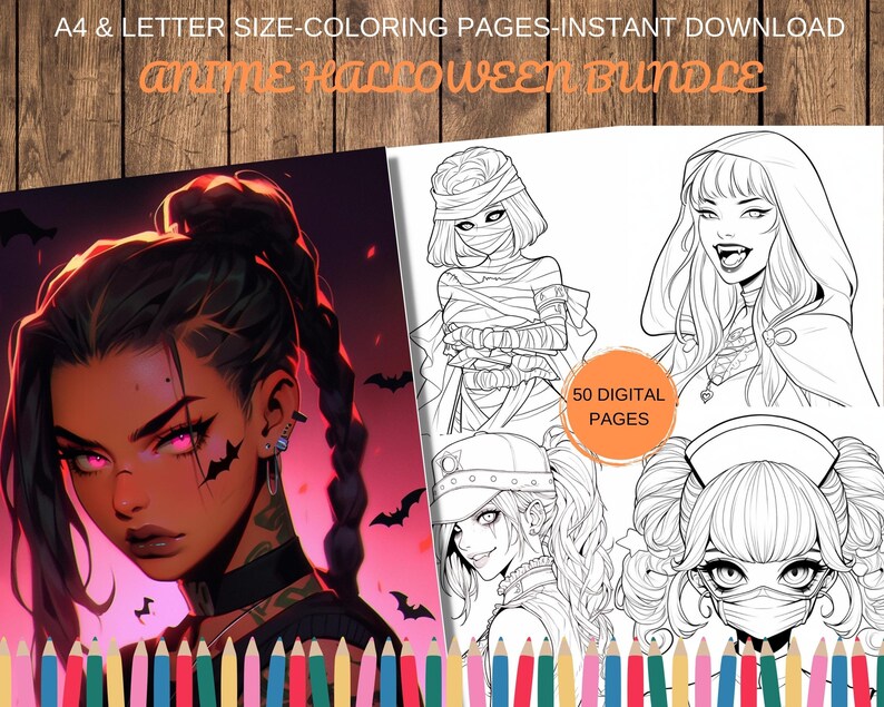 50 Anime Halloween Girls Coloring Book Page Manga Fantasy Halloween ...