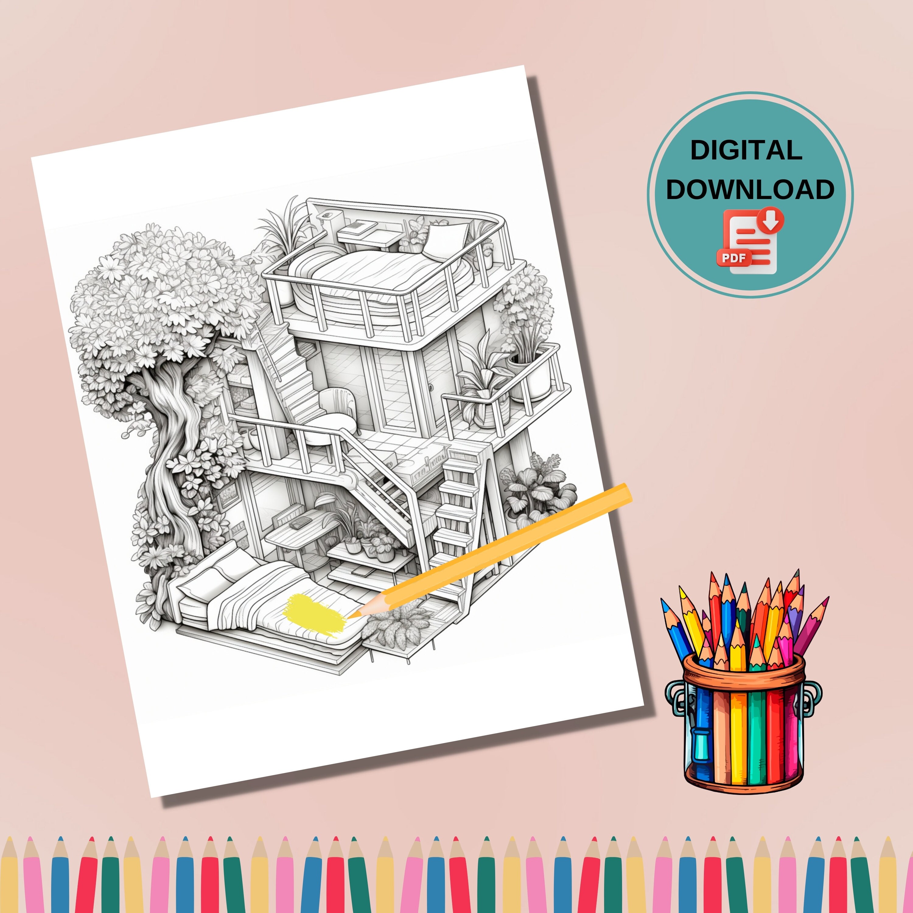 40 Isometric Room Coloring Pages, Fantasy Interior Isometric Coloring ...