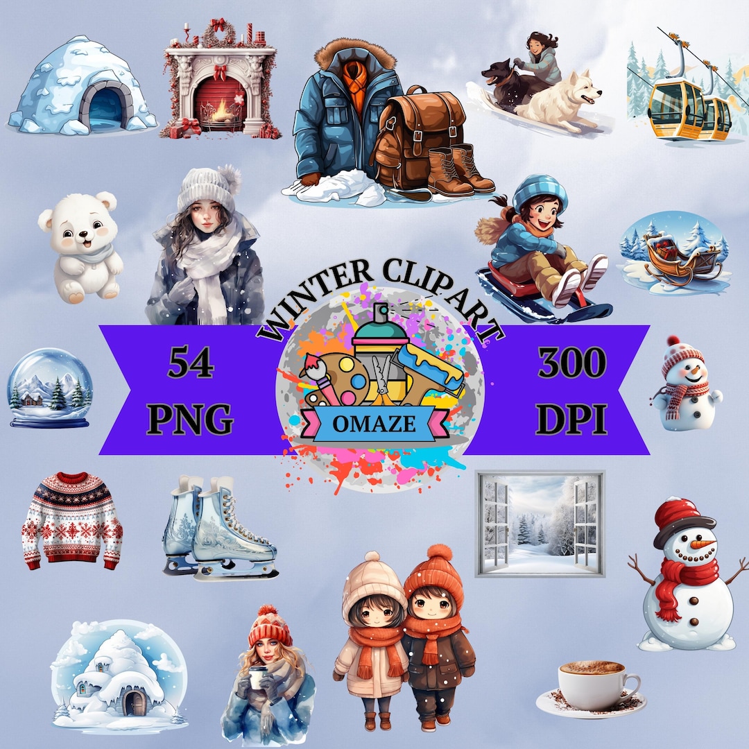 54 Winter Clipart Bundle, Watercolor Blue Winter Clipart Cozy Winter ...