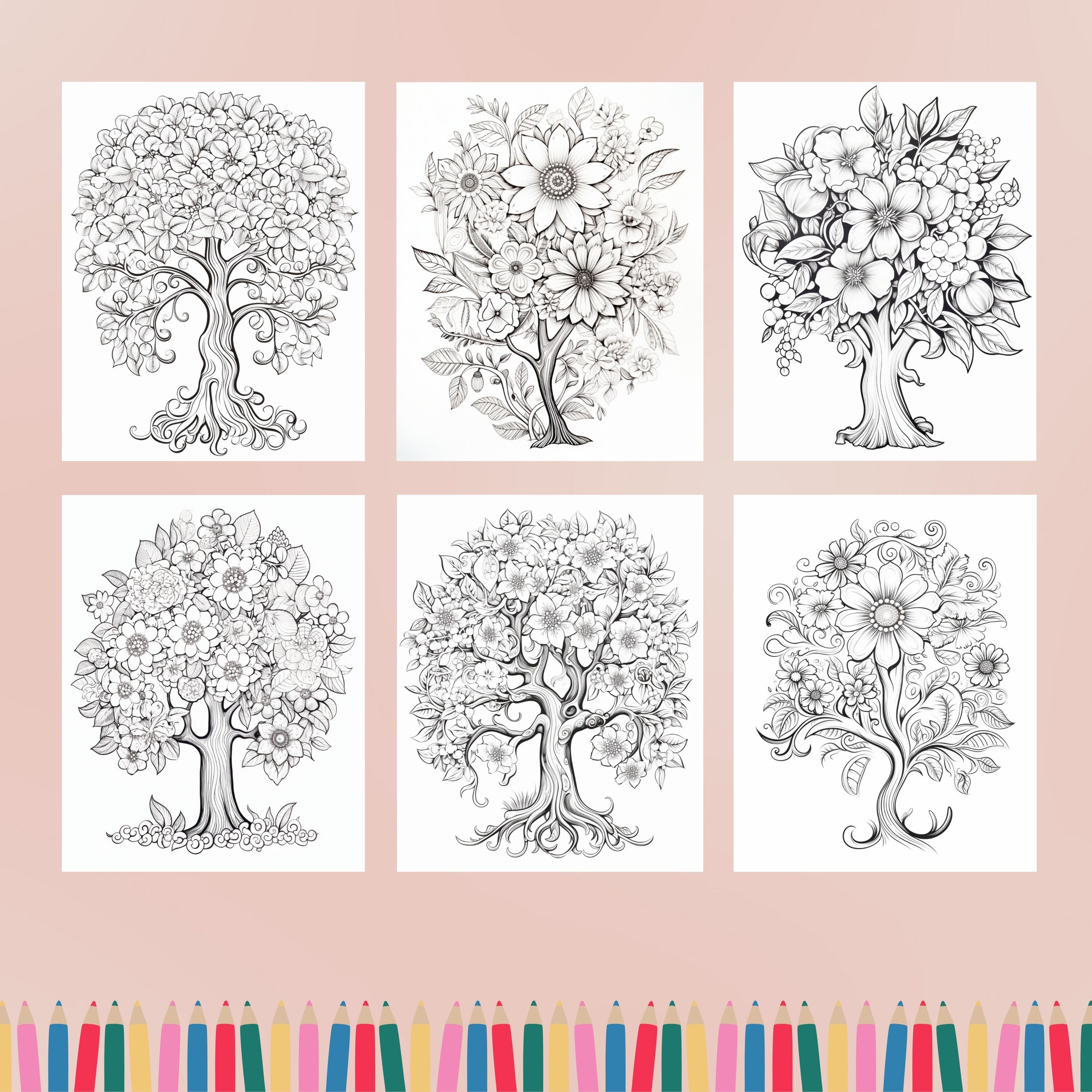 60 Floral Tree Coloring Book, Blooming Trees, Enchanted Fantasy Tree ...