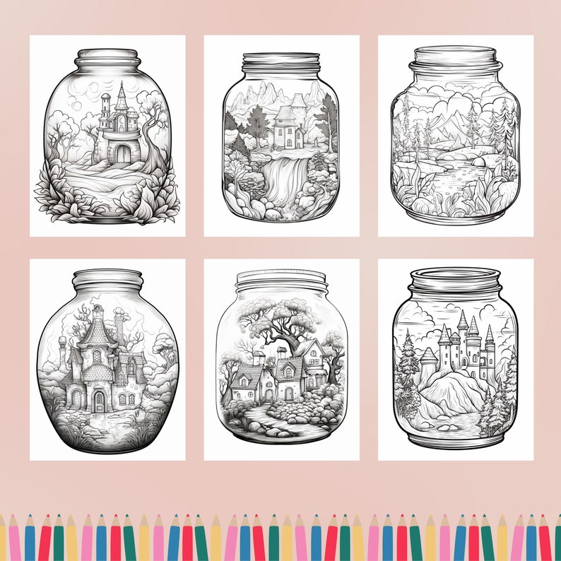 60 Fantasy Jars Coloring Book Pages, Magical Landscape Coloring Pages ...