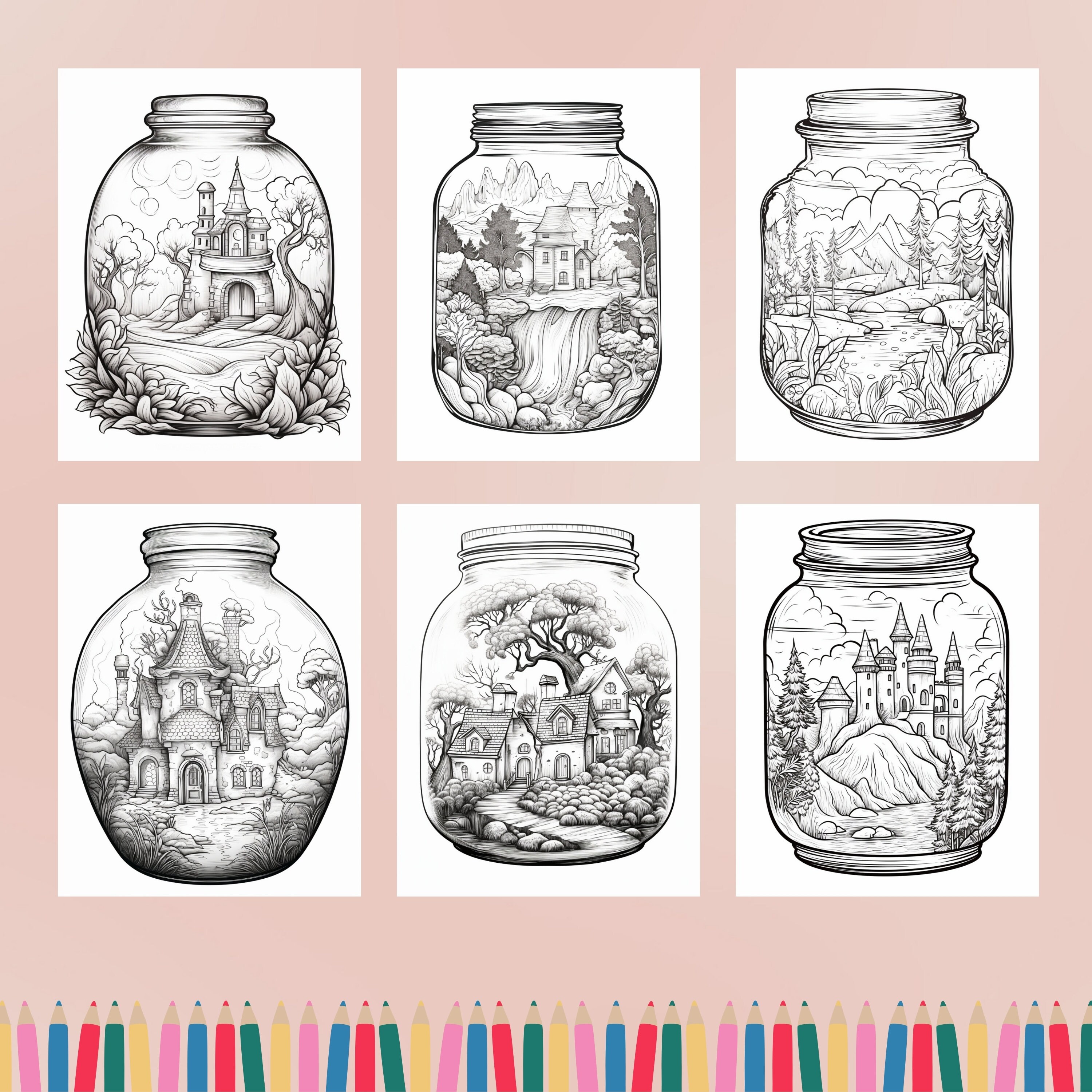 60 Fantasy Jars Coloring Book Pages, Magical Landscape Coloring Pages ...