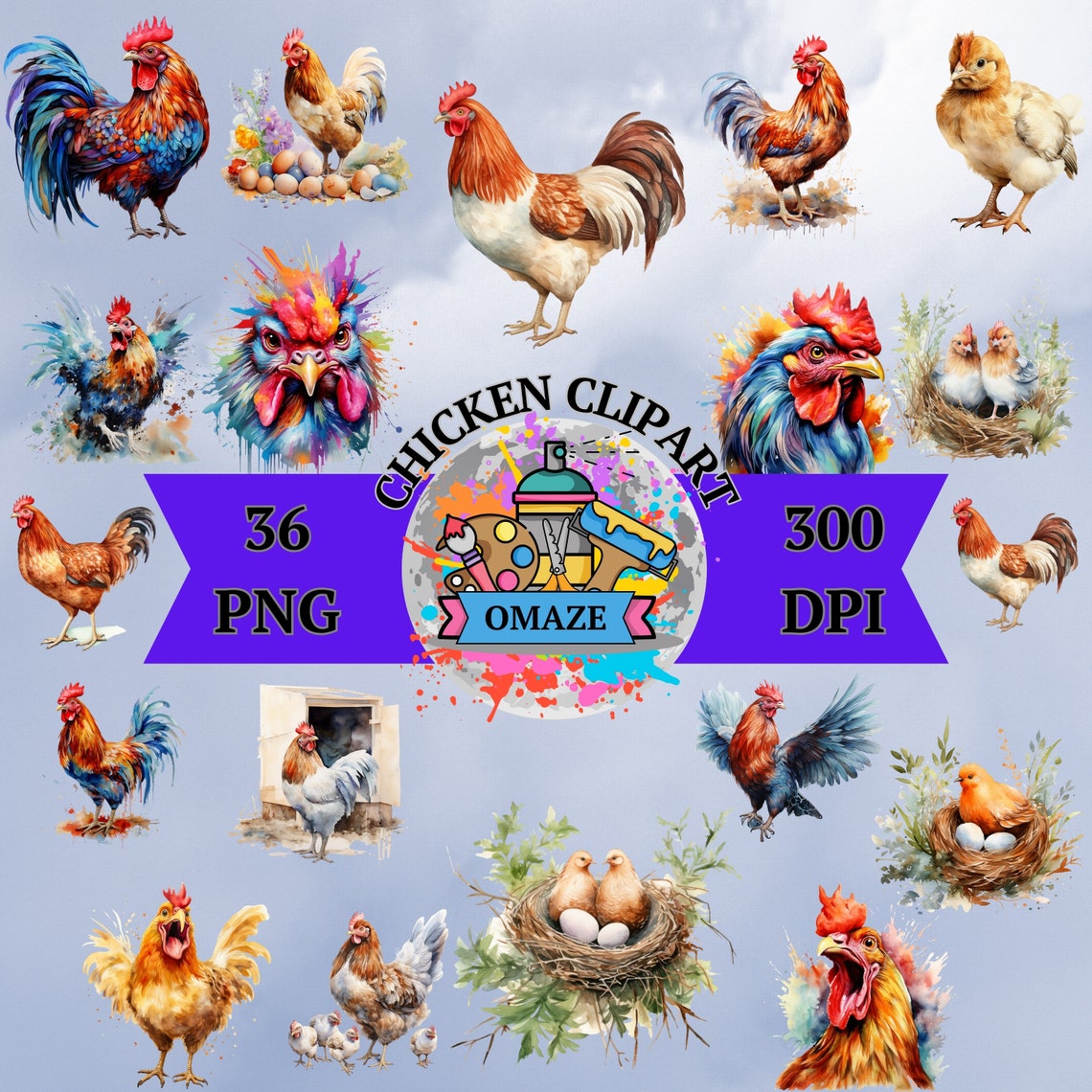 36 Watercolor Chicken Clipart, Hen Clipart, Cute Chickens and Chicks ...