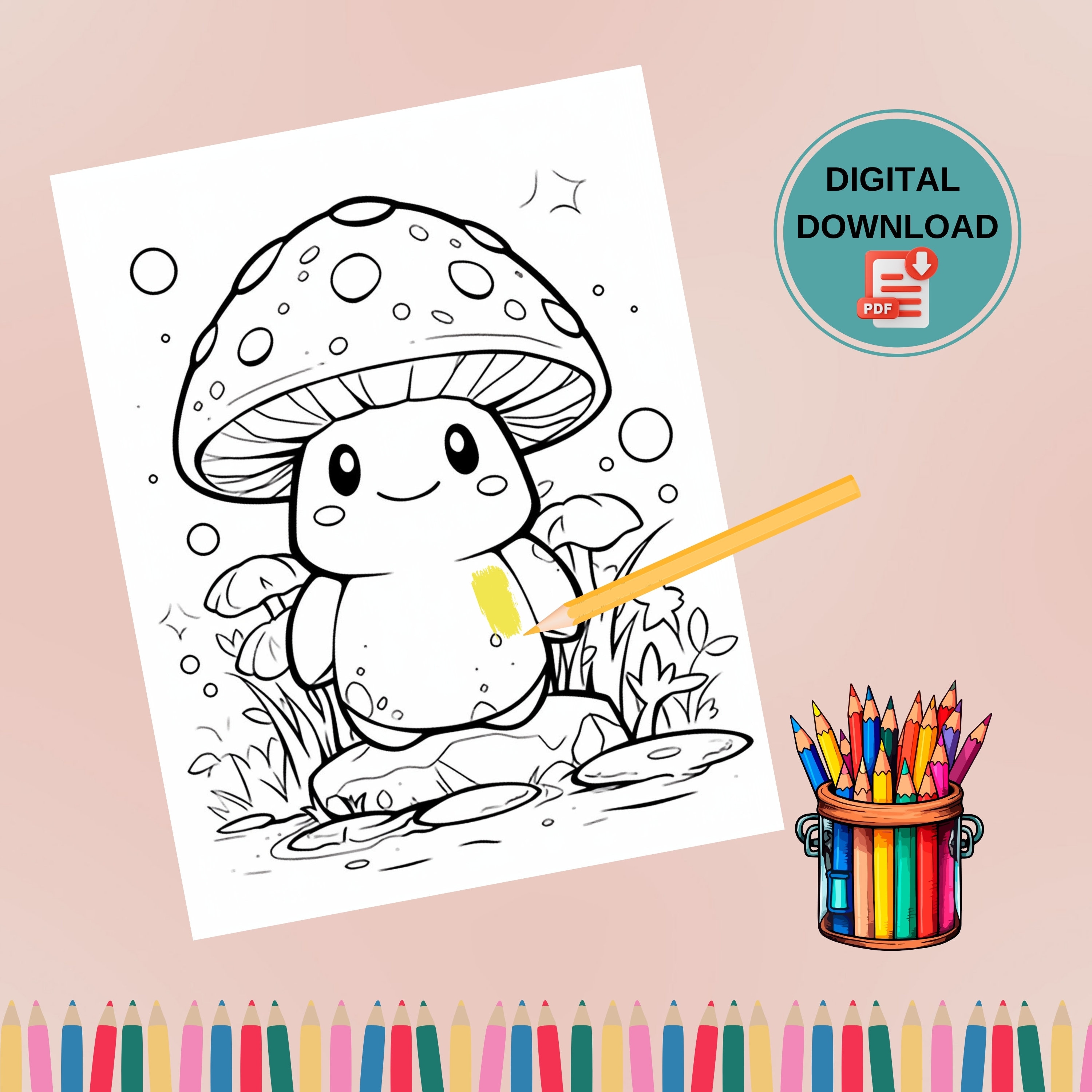 60 Cute Kawaii Mushrooms Coloring Book, Cute Mushrooms Coloring Sheets ...