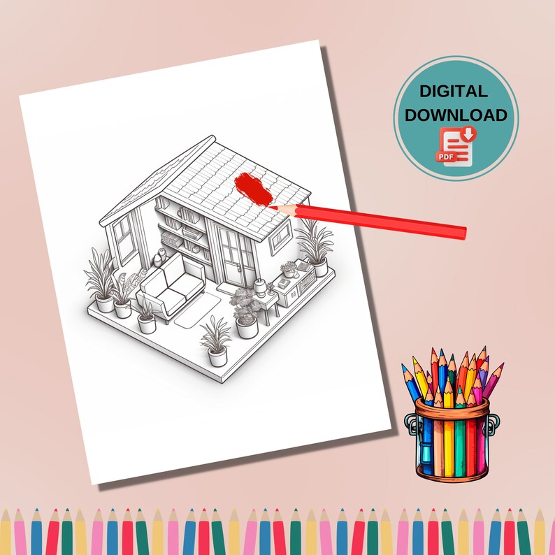 40 Isometric Room Coloring Pages, Fantasy Interior Isometric Coloring ...