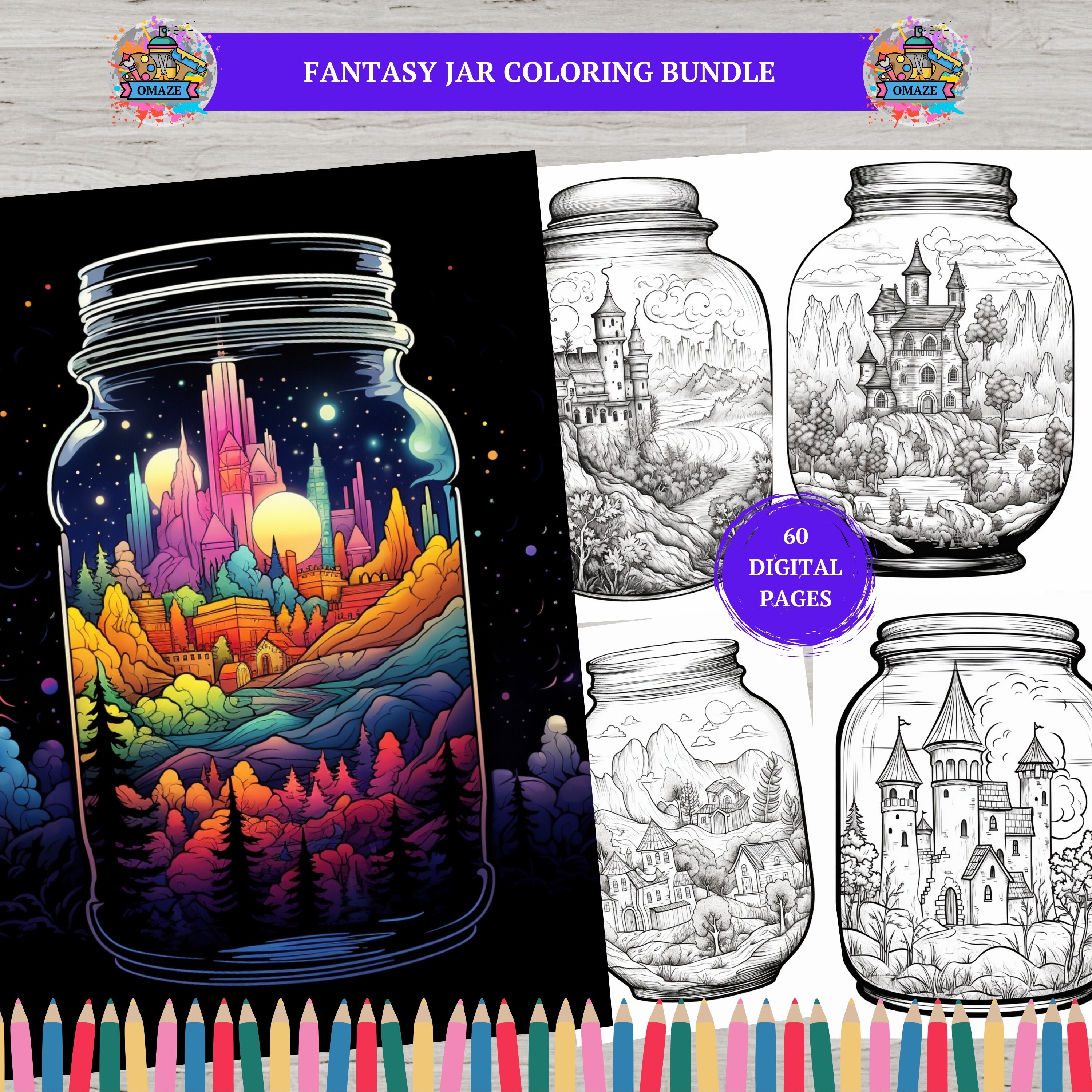 60 Fantasy Jars Coloring Book Pages, Magical Landscape Coloring Pages ...