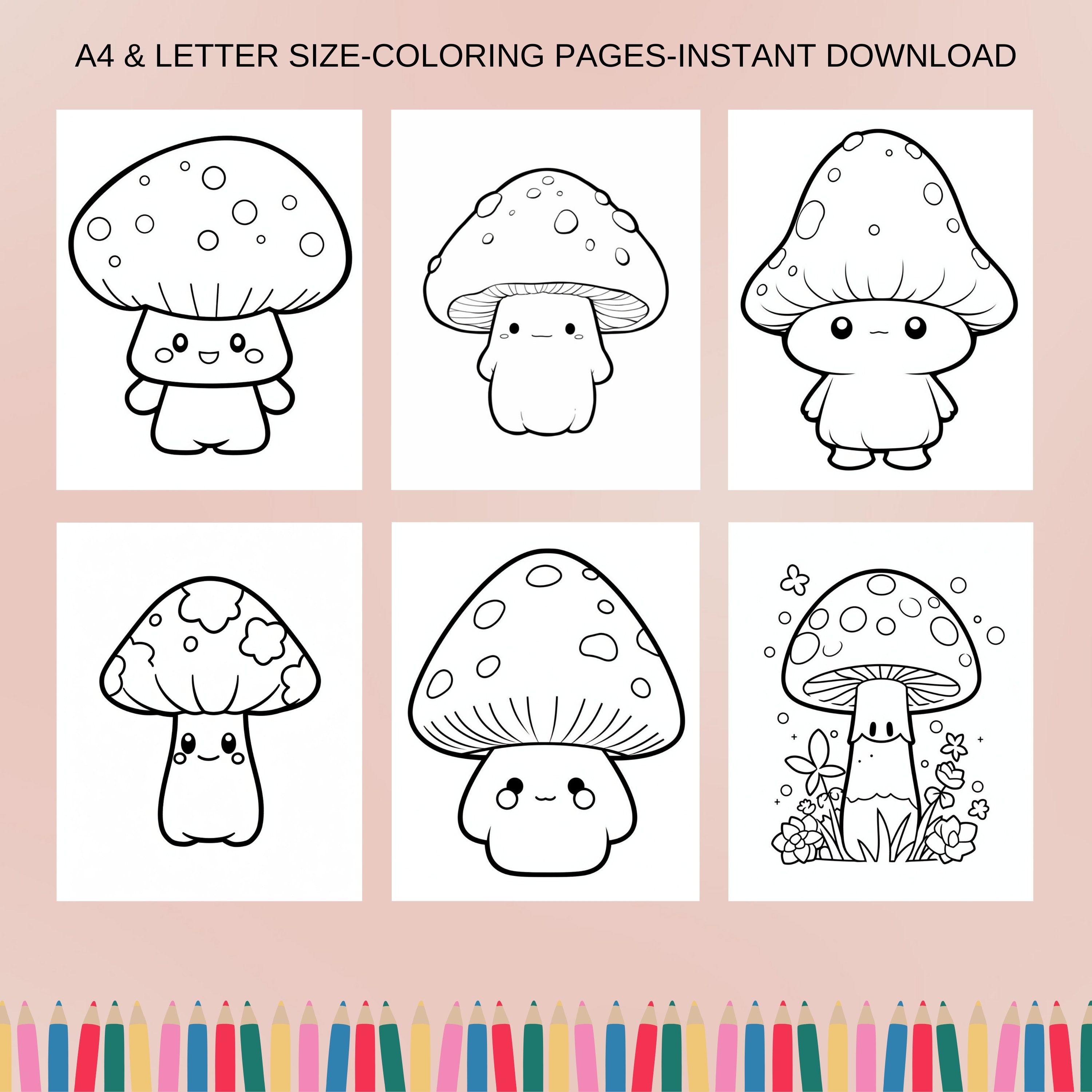 60 Cute Kawaii Mushrooms Coloring Book, Cute Mushrooms Coloring Sheets ...