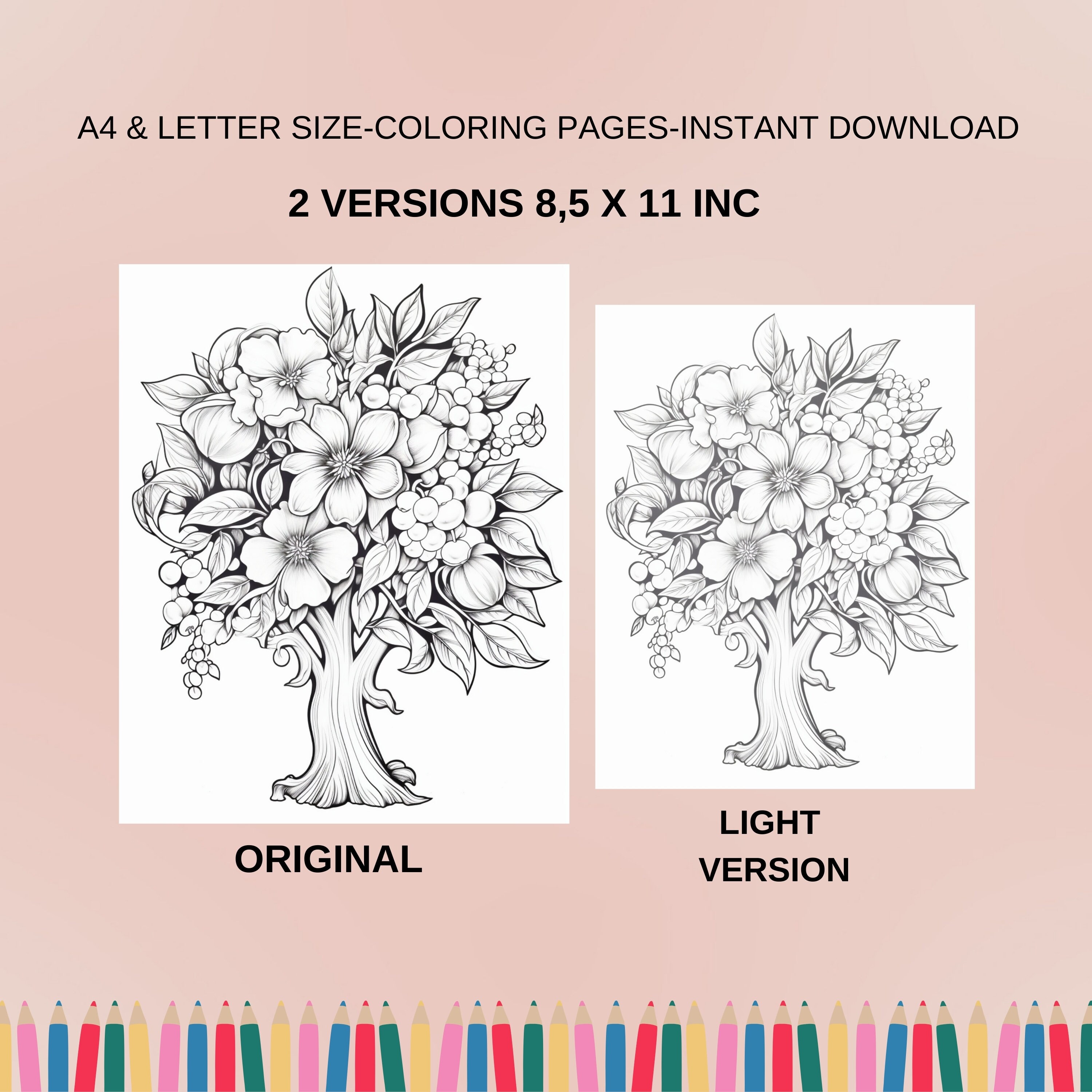 60 Floral Tree Coloring Book, Blooming Trees, Enchanted Fantasy Tree ...