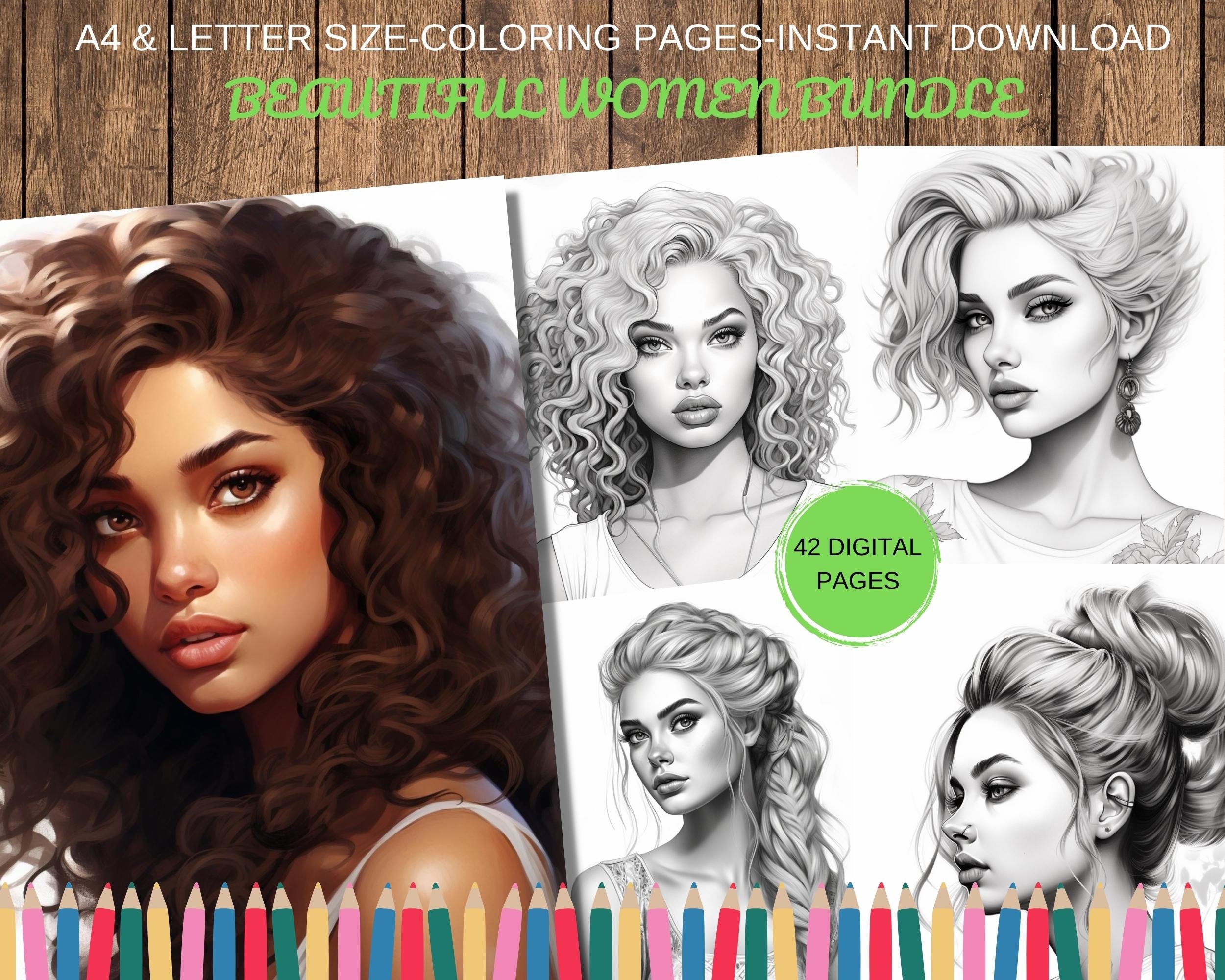 40 Beautiful Women Coloring Pages for Adults Grayscale Coloring Books ...