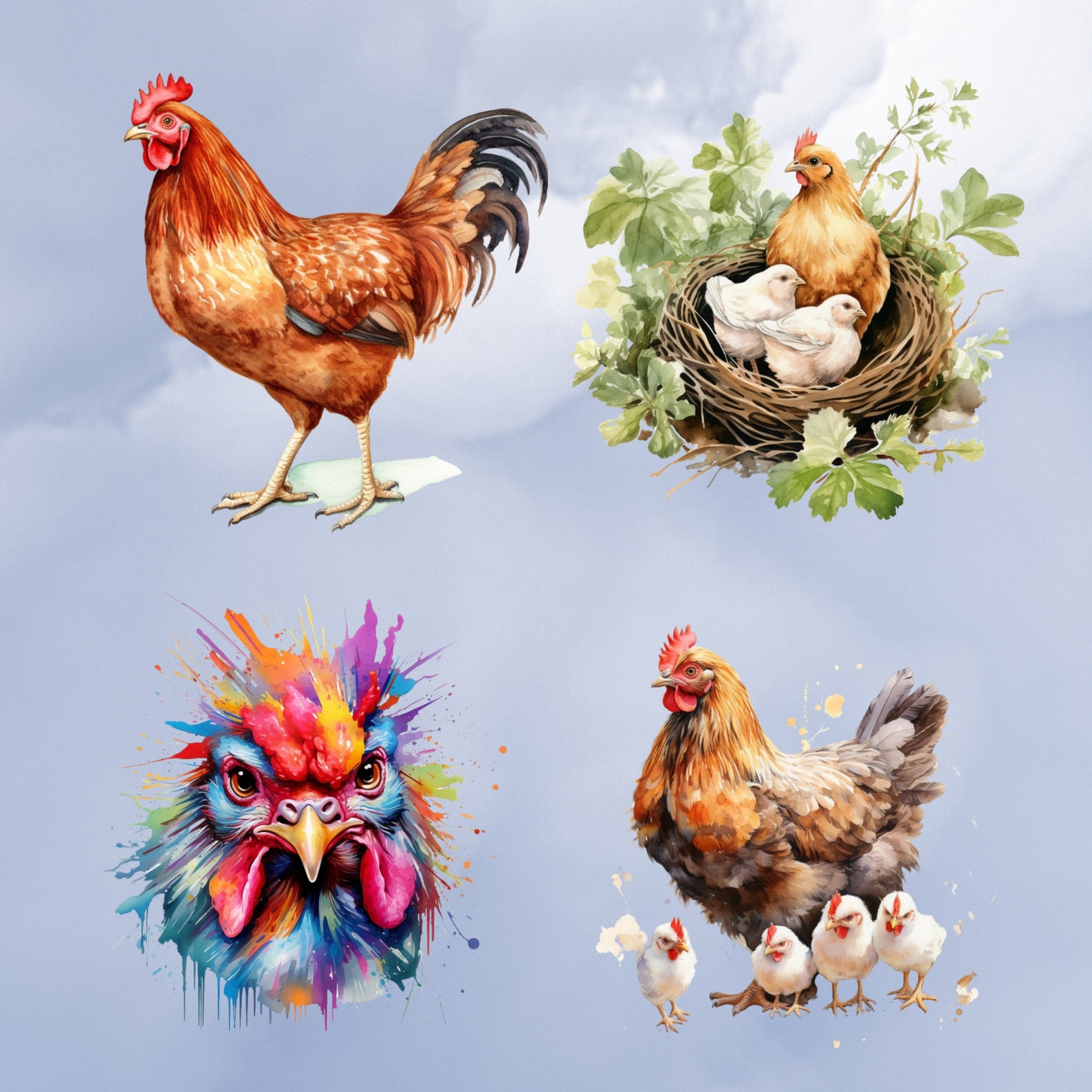 36 Watercolor Chicken Clipart, Hen Clipart, Cute Chickens and Chicks ...