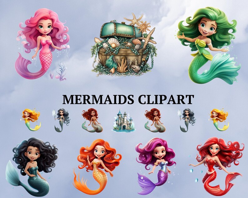 30 Mermaid Clipart Bundle | Watercolor Cute Mermaid Clipart Png | Sea Life, Instant Download ...