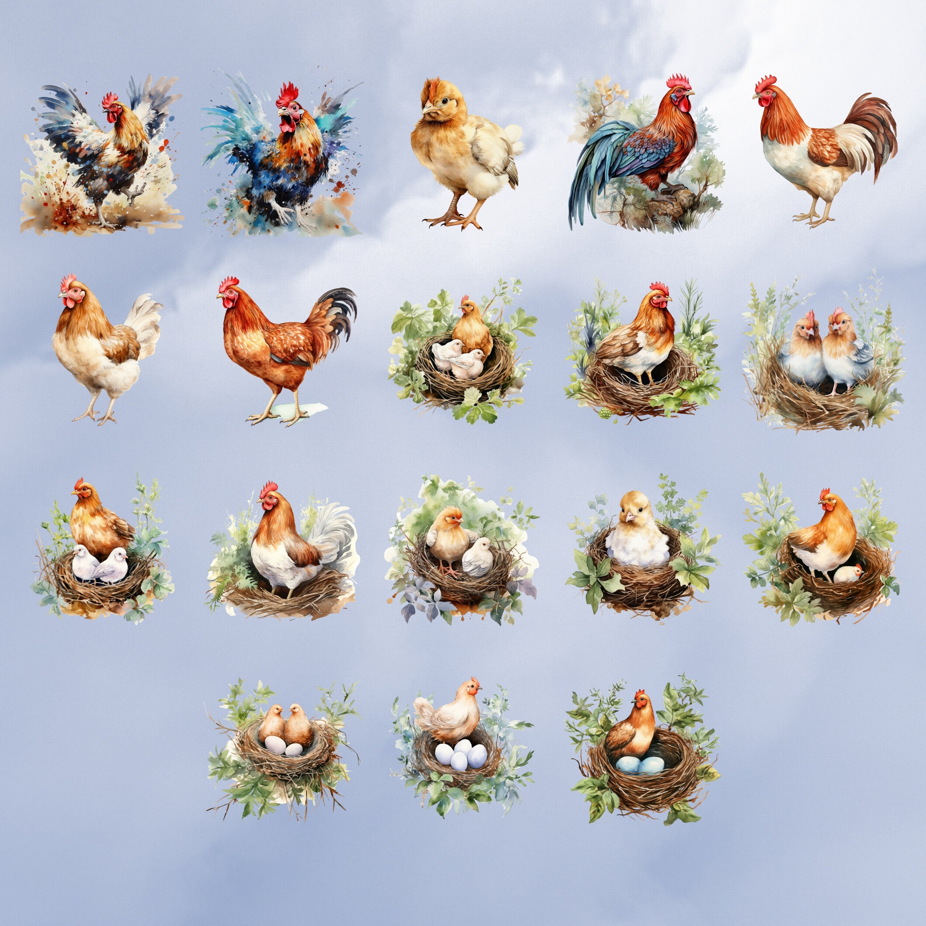 36 Watercolor Chicken Clipart, Hen Clipart, Cute Chickens and Chicks ...