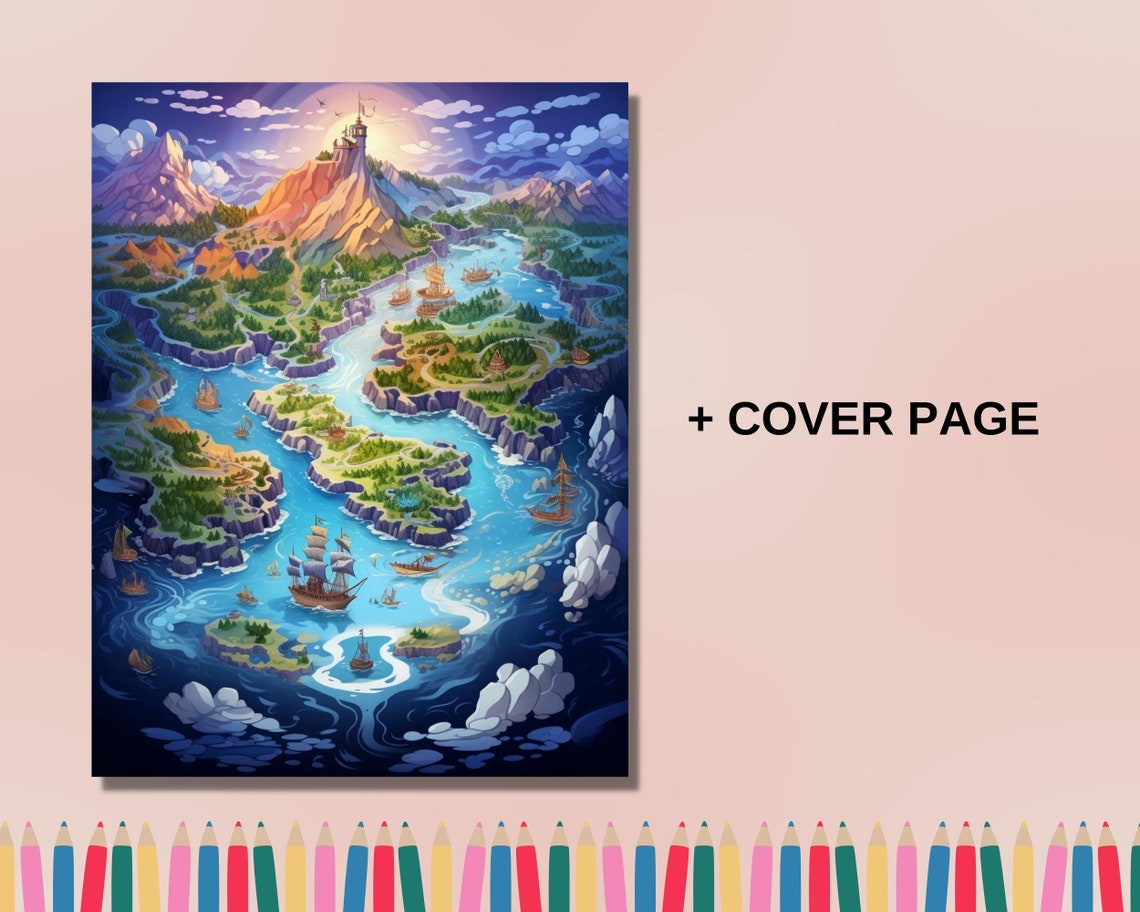 55 Fantasy Map Coloring Pages Adult and Kids Coloring Book, Fantasy ...