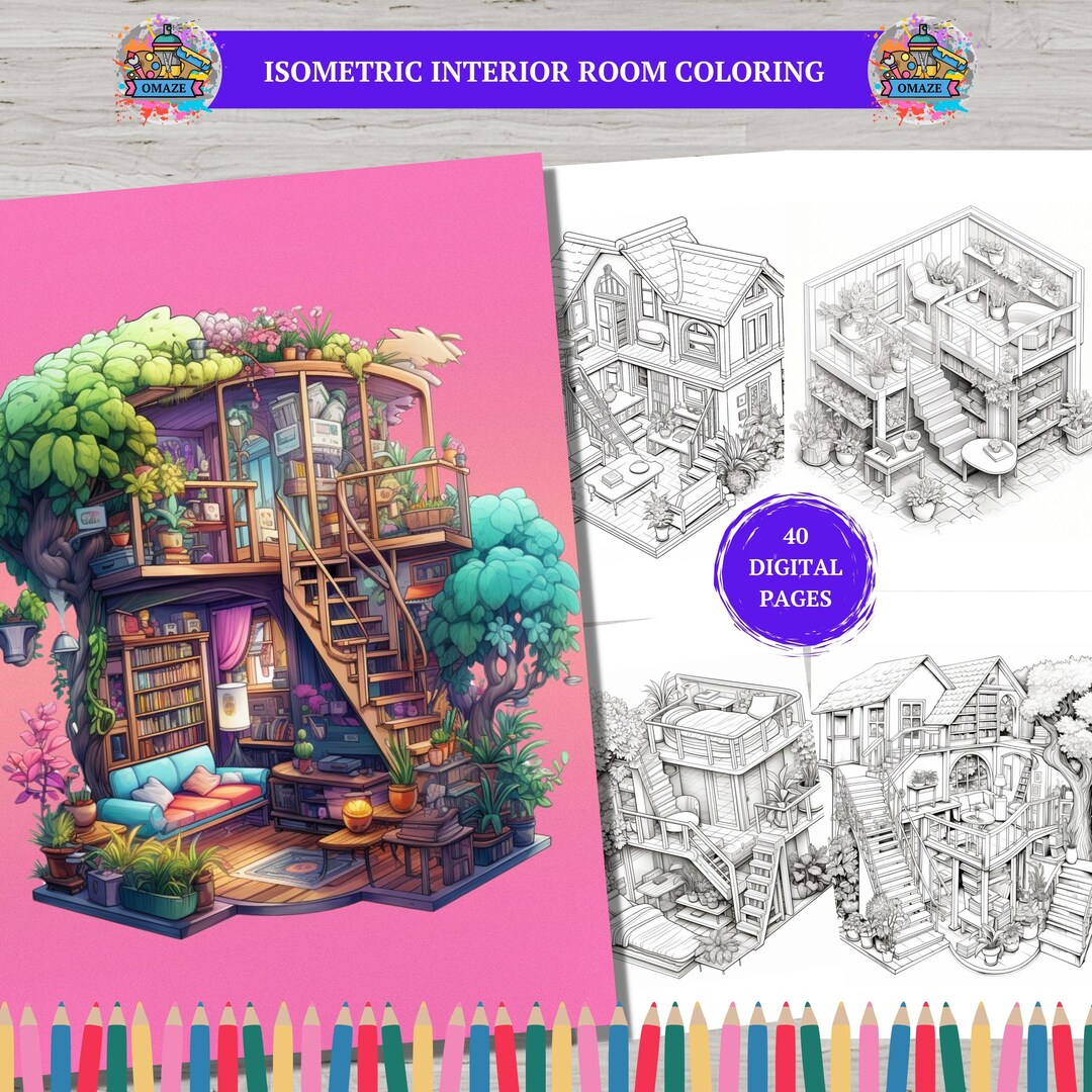 40 Isometric Room Coloring Pages, Fantasy Interior Isometric Coloring ...