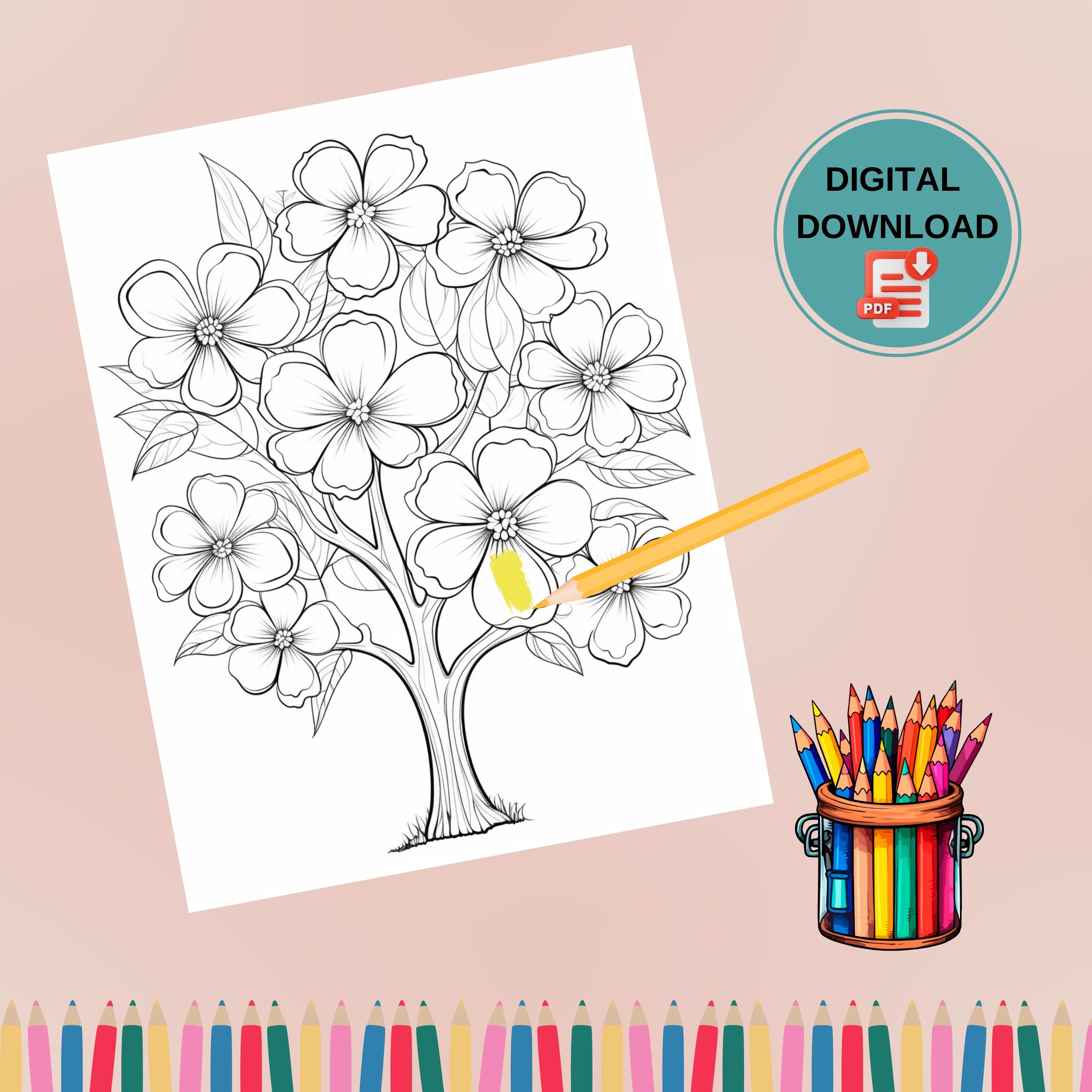 60 Floral Tree Coloring Book, Blooming Trees, Enchanted Fantasy Tree ...