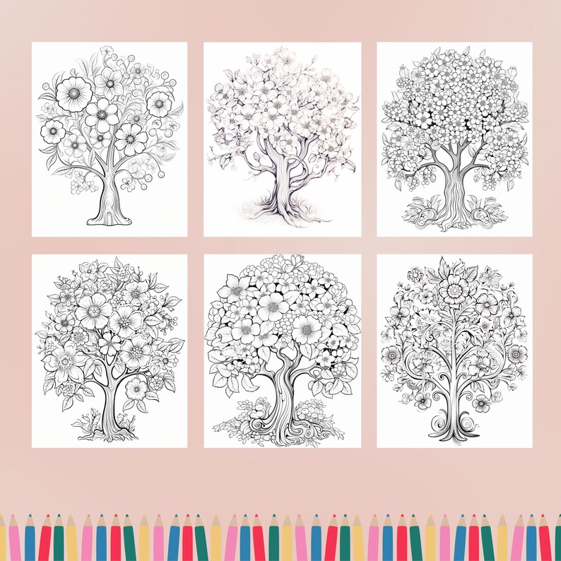 60 Floral Tree Coloring Book, Blooming Trees, Enchanted Fantasy Tree ...