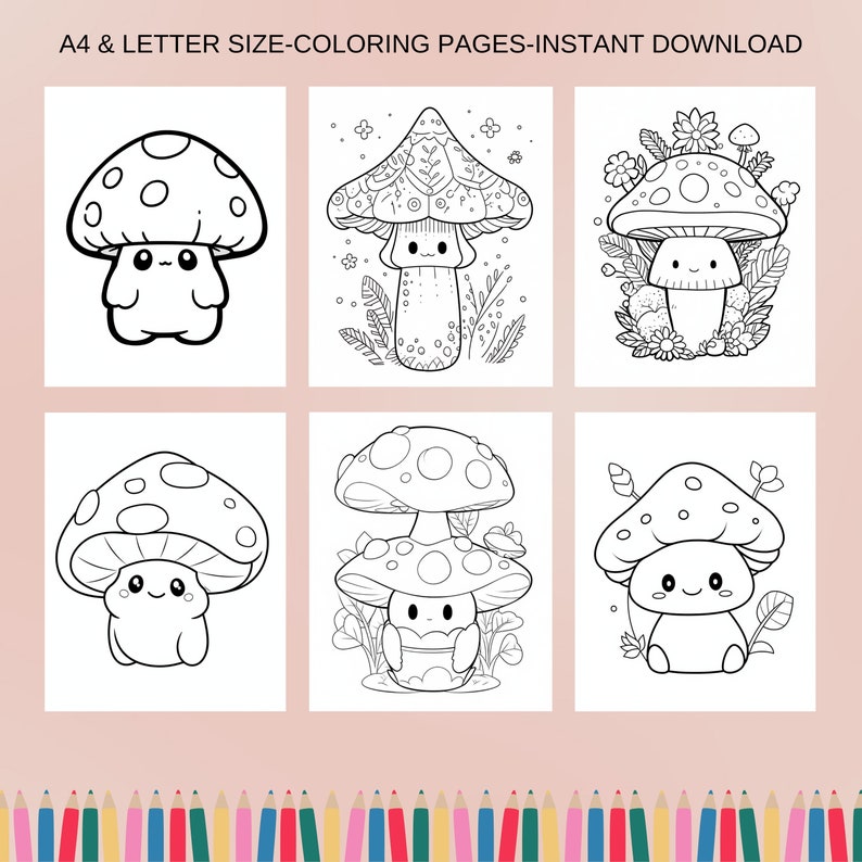 60 Cute Kawaii Mushrooms Coloring Book, Cute Mushrooms Coloring Sheets ...