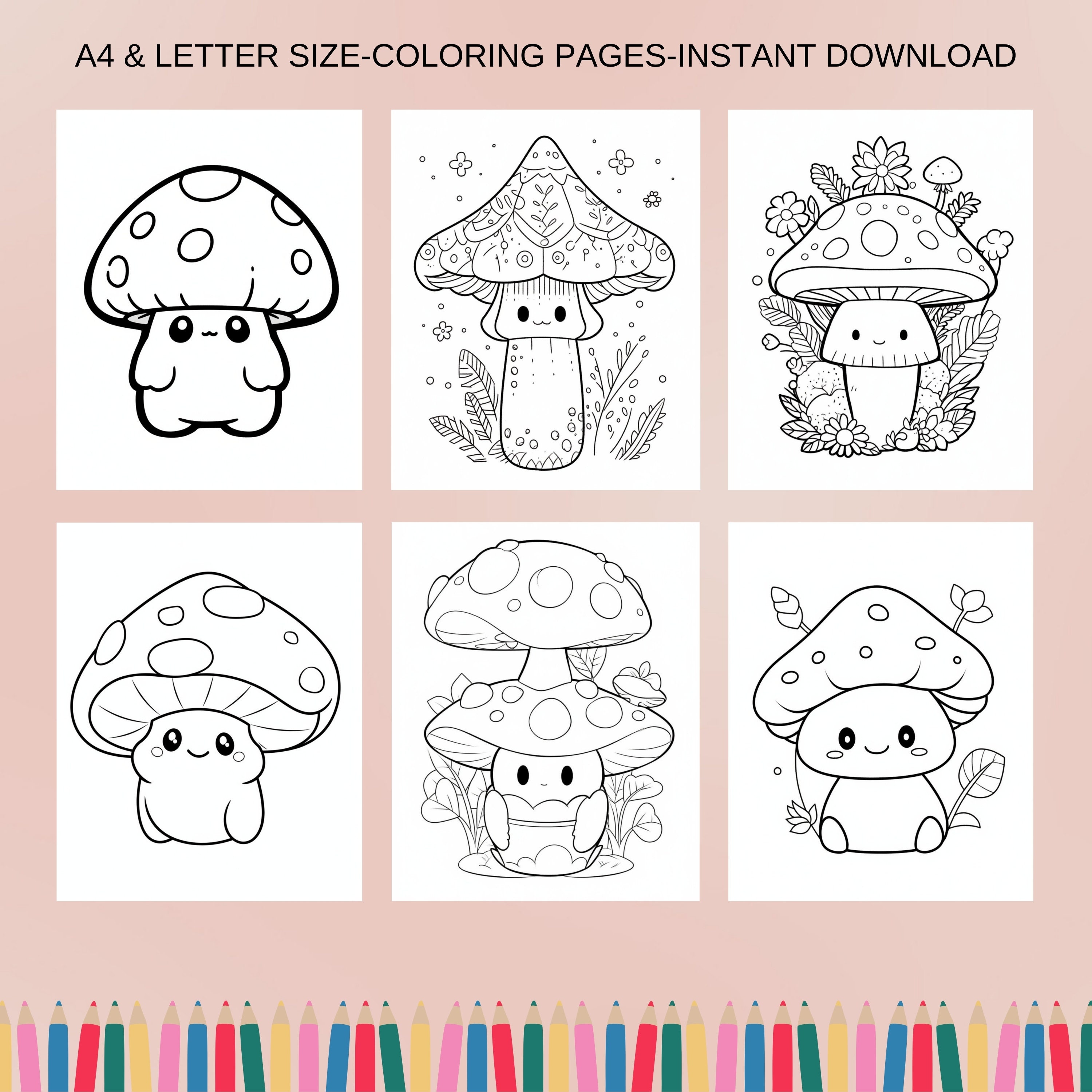 60 Cute Kawaii Mushrooms Coloring Book, Cute Mushrooms Coloring Sheets ...