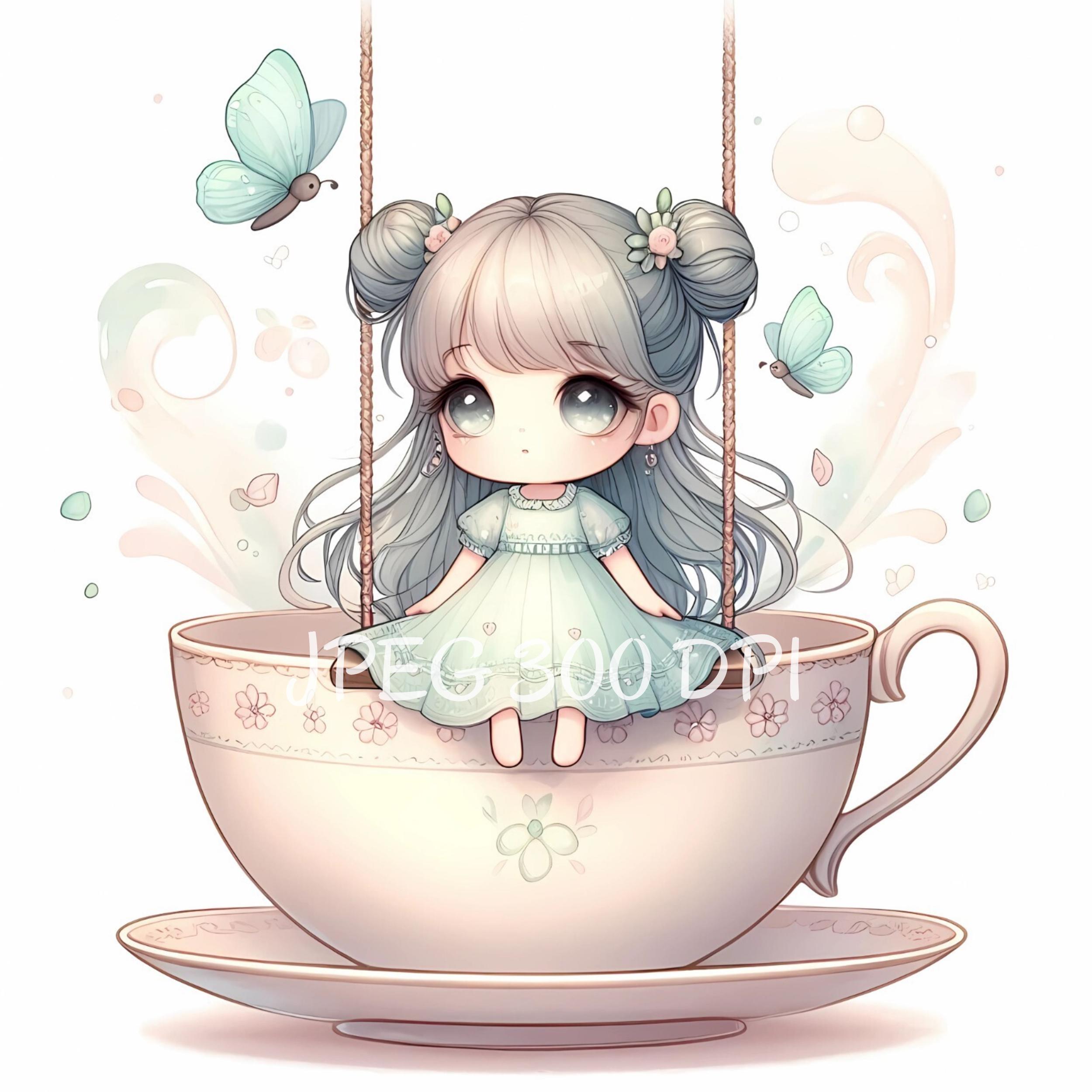 Chibi Girl in Teacup Swing Jpeg | Whimsical Chibi in a Teacup Jpeg ...