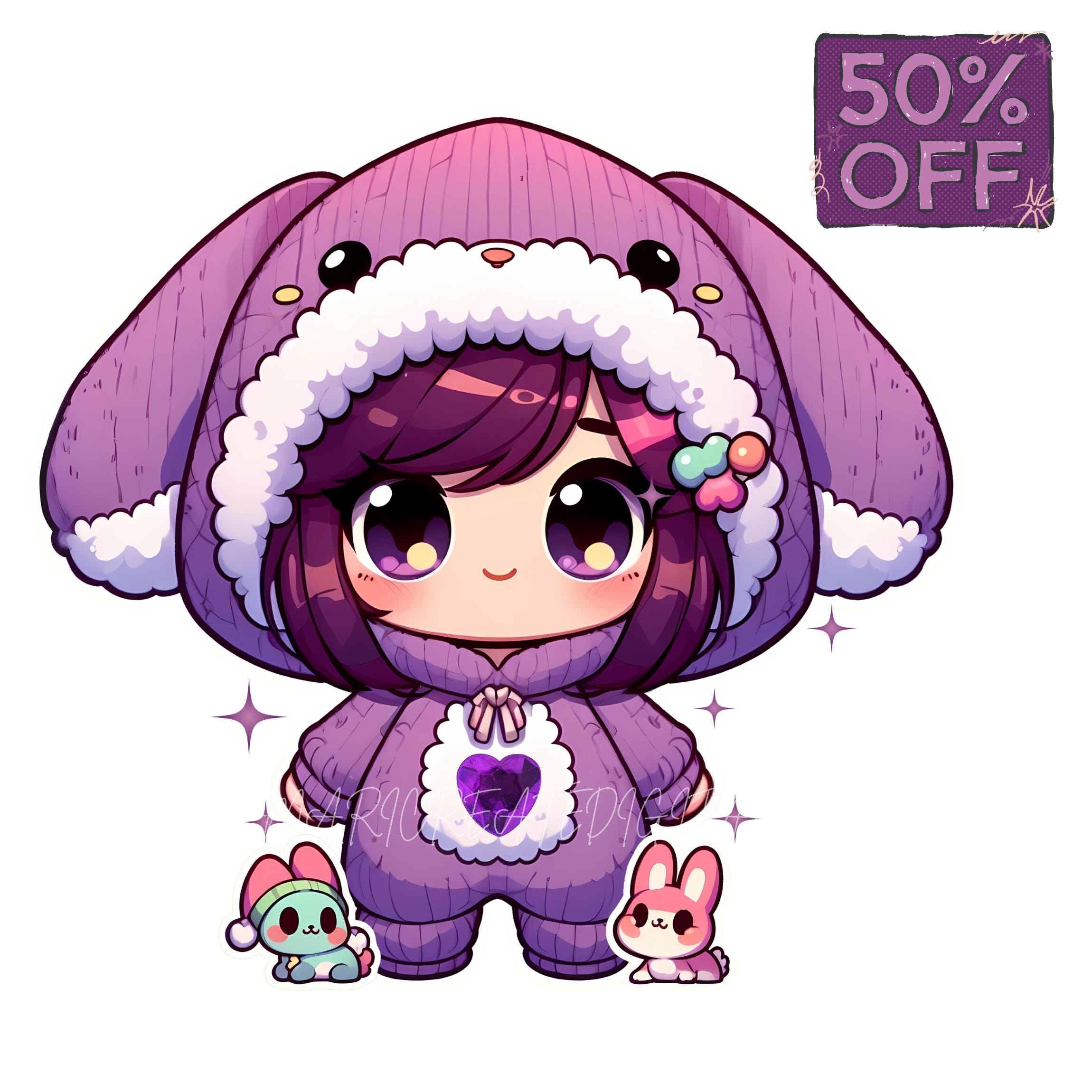 Chibi Bunny in Pajama Outfit Png, Cute Kawaii Purple Bunny Png, Chibi ...