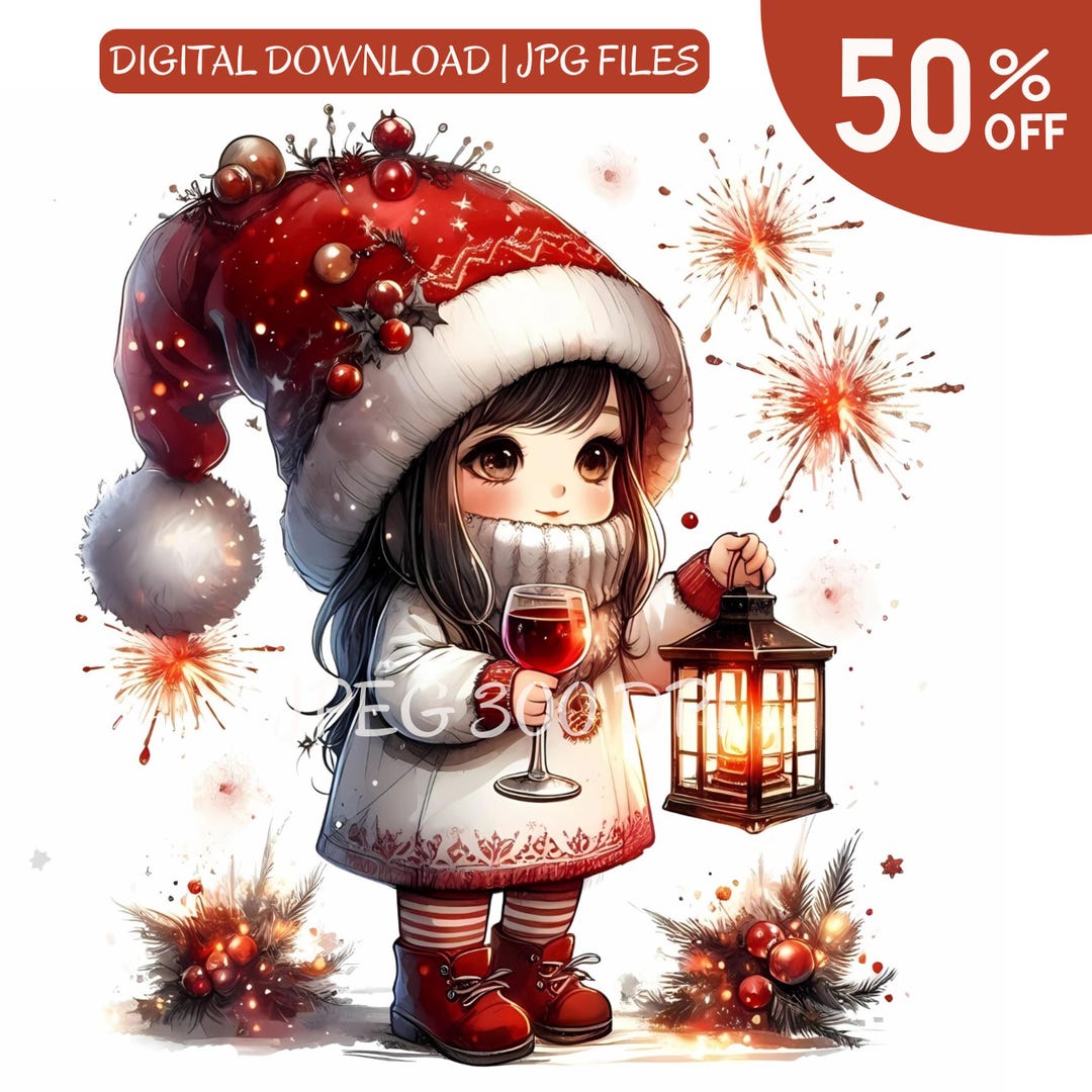 Chibi Watercolor Art Style JPEG, Kawaii Chibi in Christmas Dress ...