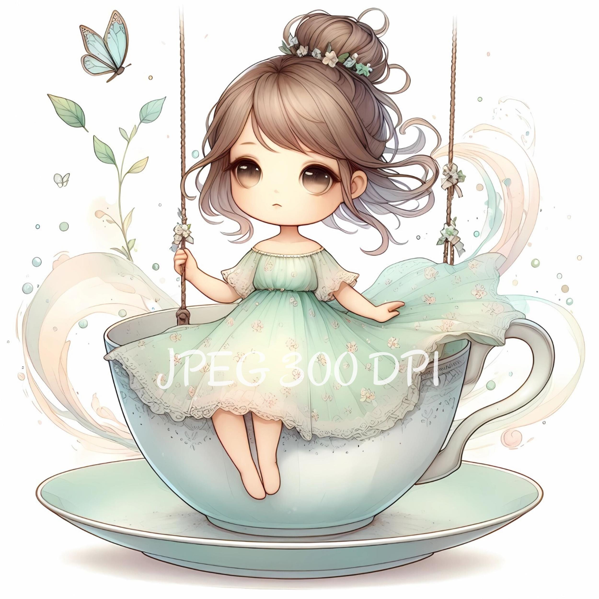 Chibi Girl in Teacup Swing Jpeg | Whimsical Chibi in a Teacup Jpeg ...