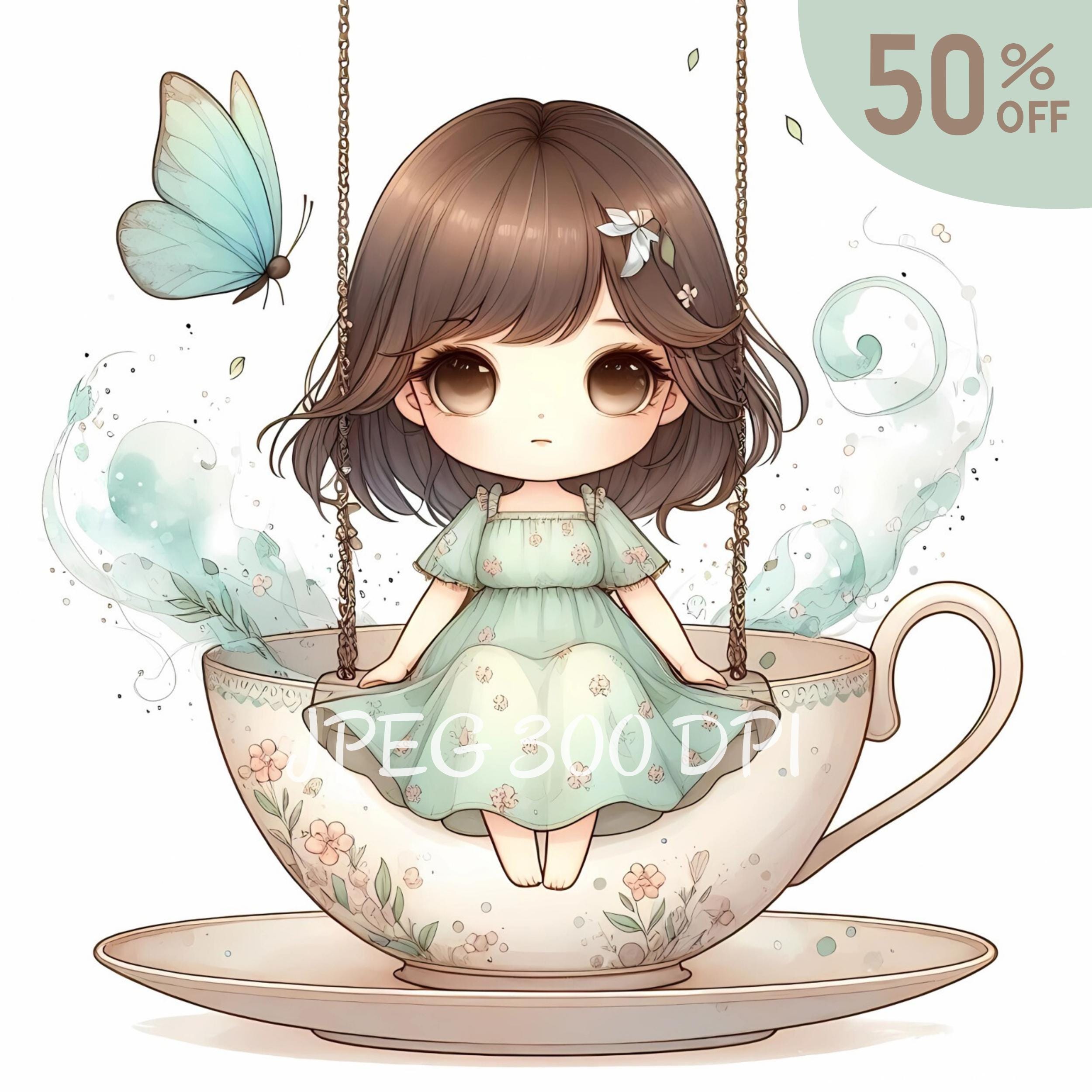 Chibi Girl in Teacup Swing Jpeg | Whimsical Chibi in a Teacup Jpeg ...