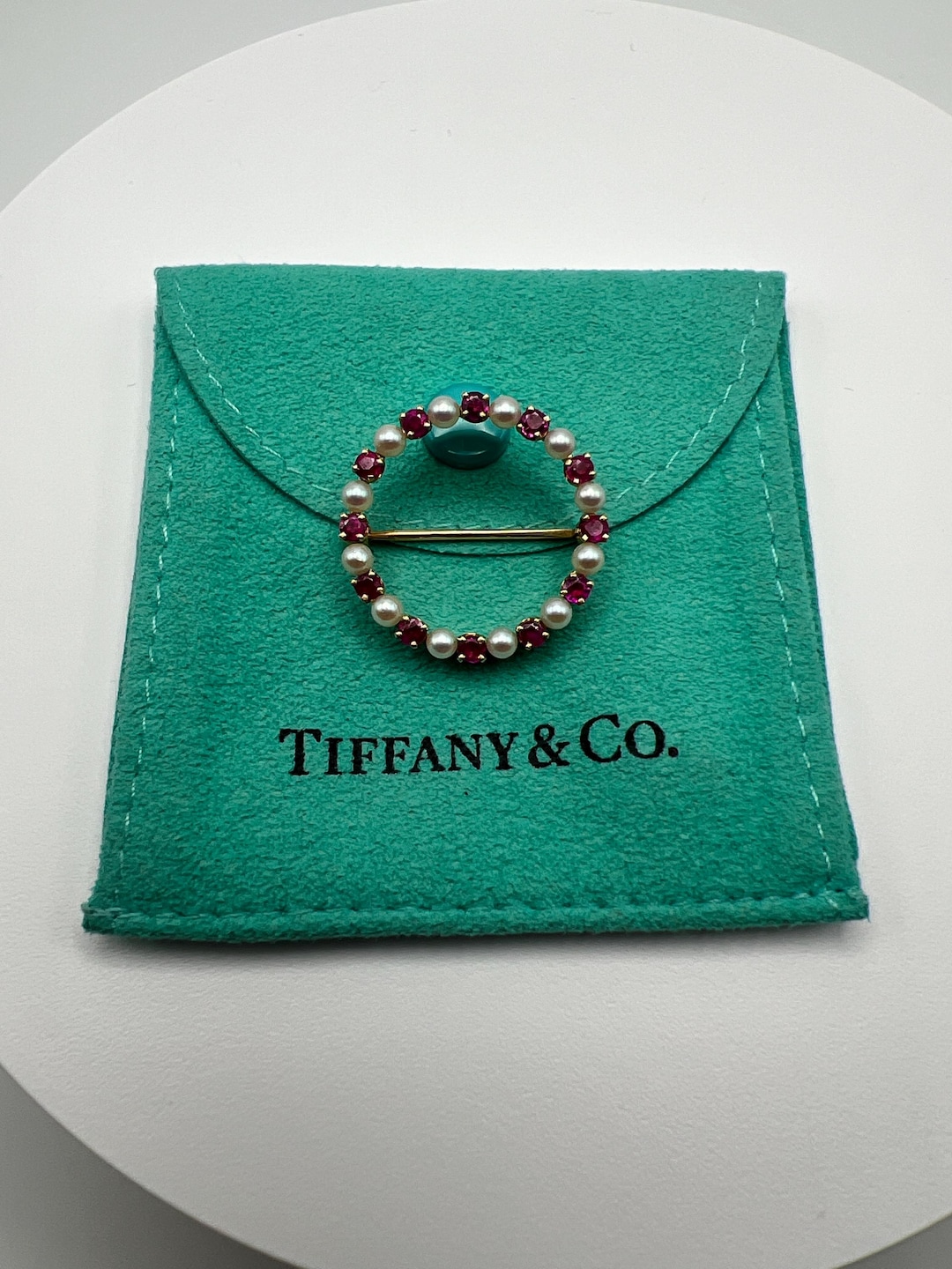 Genuine Classic Tiffany & Co. Pearl and Ruby Circle Pin Brooch 14K ...