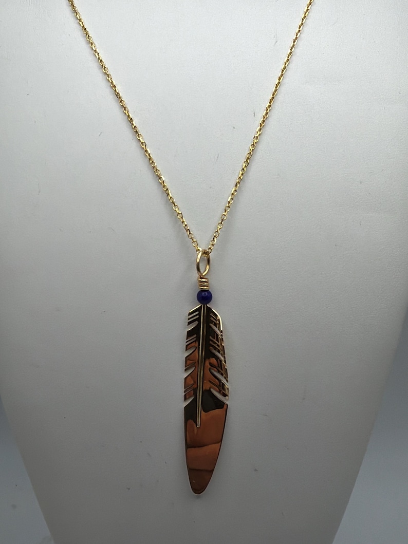 14K Yellow Gold Feather Pendant Lapis Bead 14K Yellow Gold Chain Ray ...