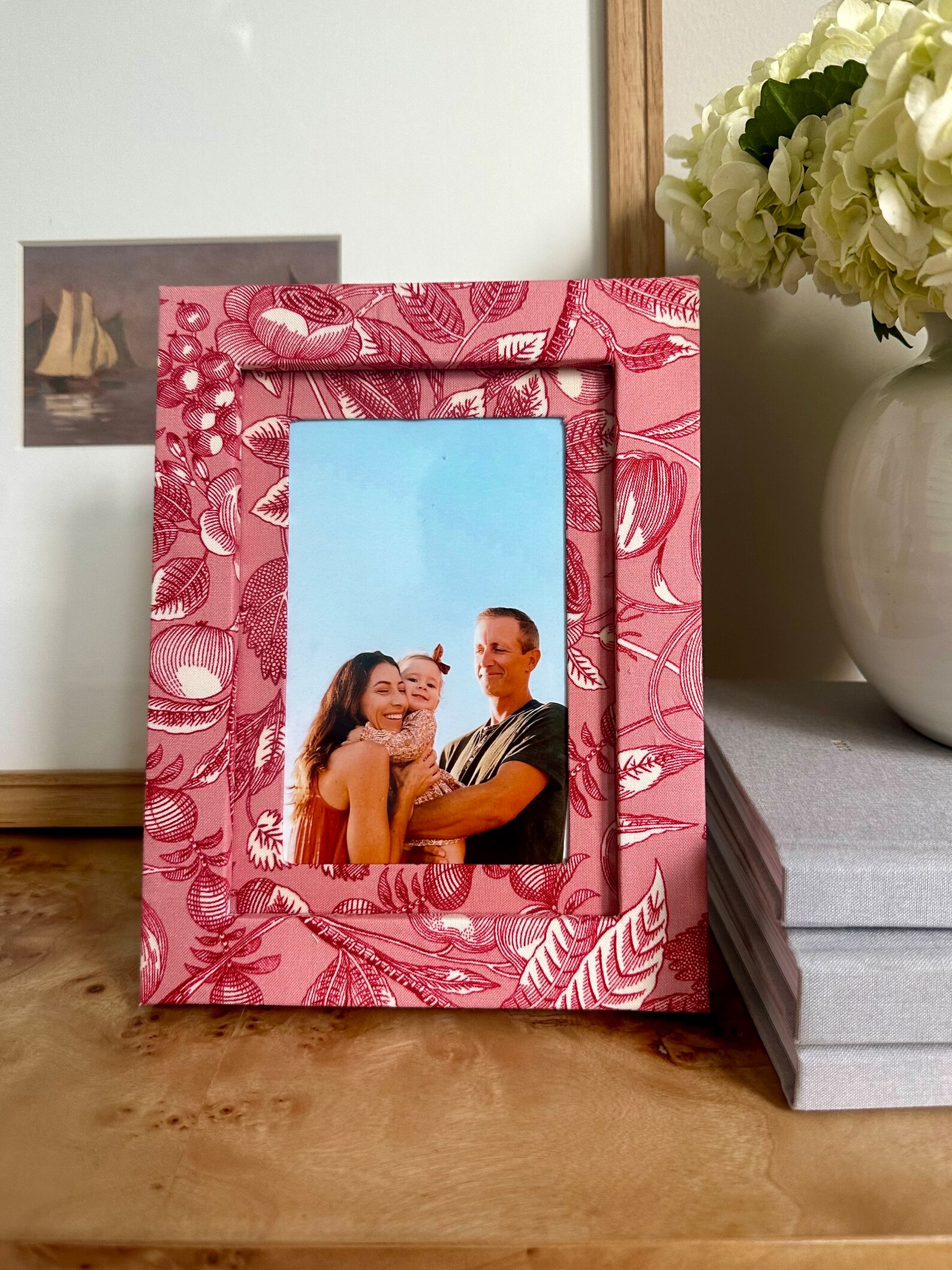 Pink Flowers and Fruits Fabric Wrapped Picture Frame and Mat 4x6 Photo ...