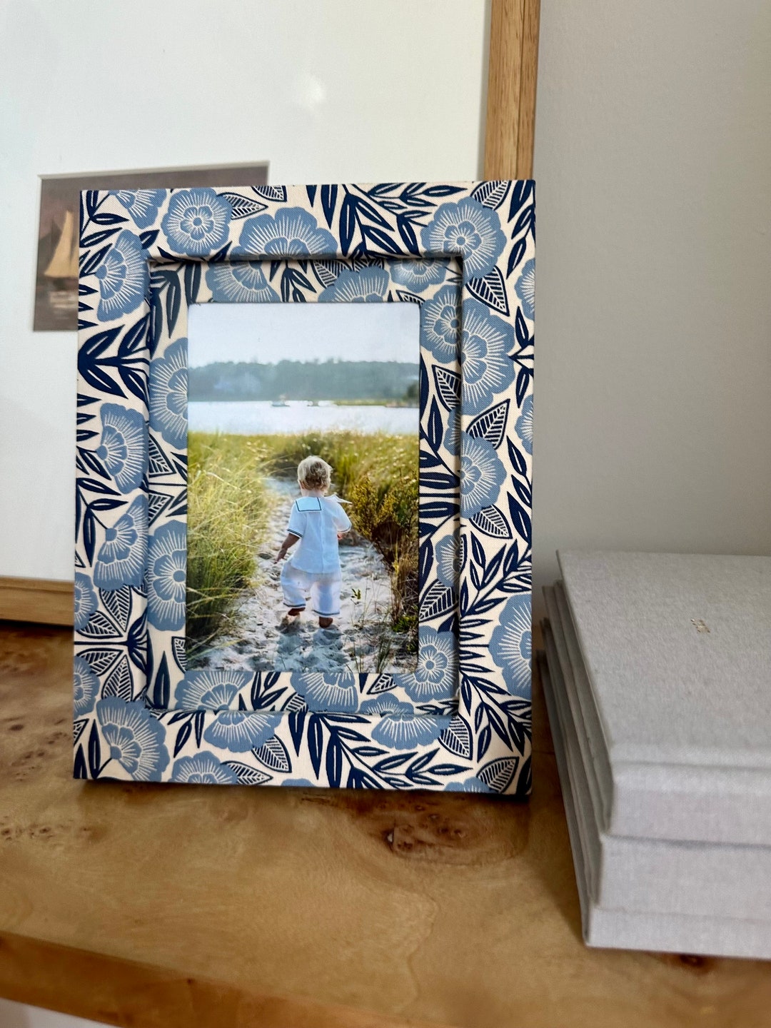 Blue Graphic Floral Fabric Wrapped Picture Frame and Mat - 4x6" Photo ...