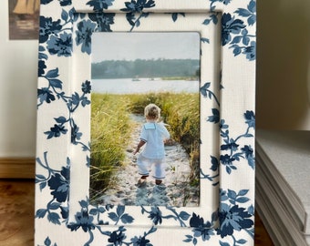 Blue Coastal Floral Fabric Wrapped Custom Picture Frame and Mat 4x6 ...