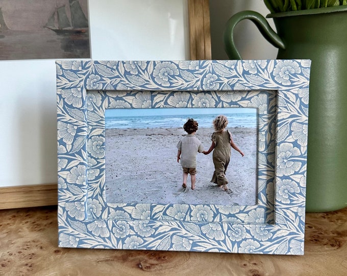 Blue Coastal Floral Fabric Wrapped Custom Picture Frame and Mat - 4x6 ...