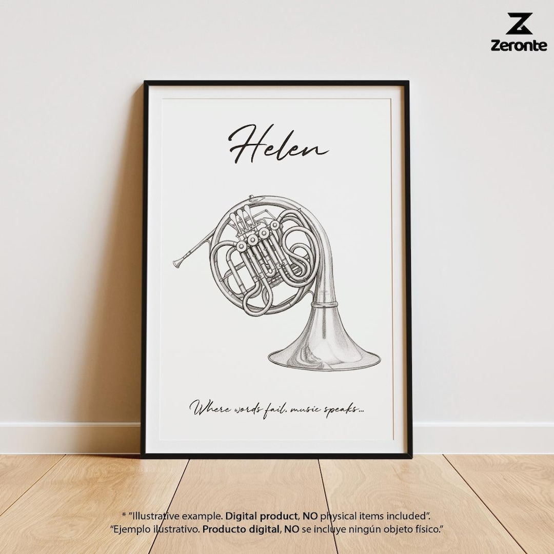 Personalized Digital Print of a French Horn in Charcoal, French Horn ...