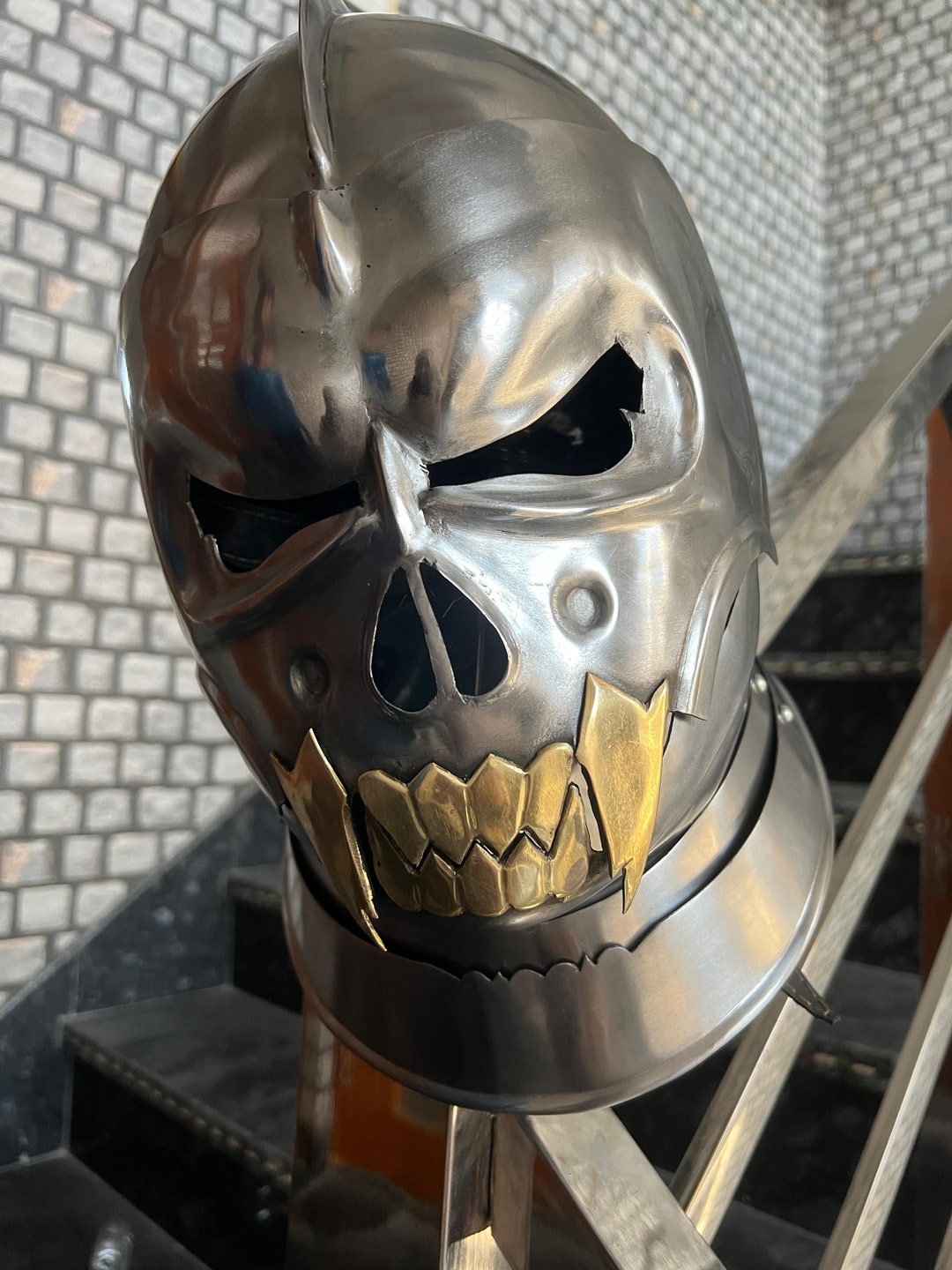 Halloween Old Demonic Angry Skull Helmet With Brass Teeth 18 Gauge ...