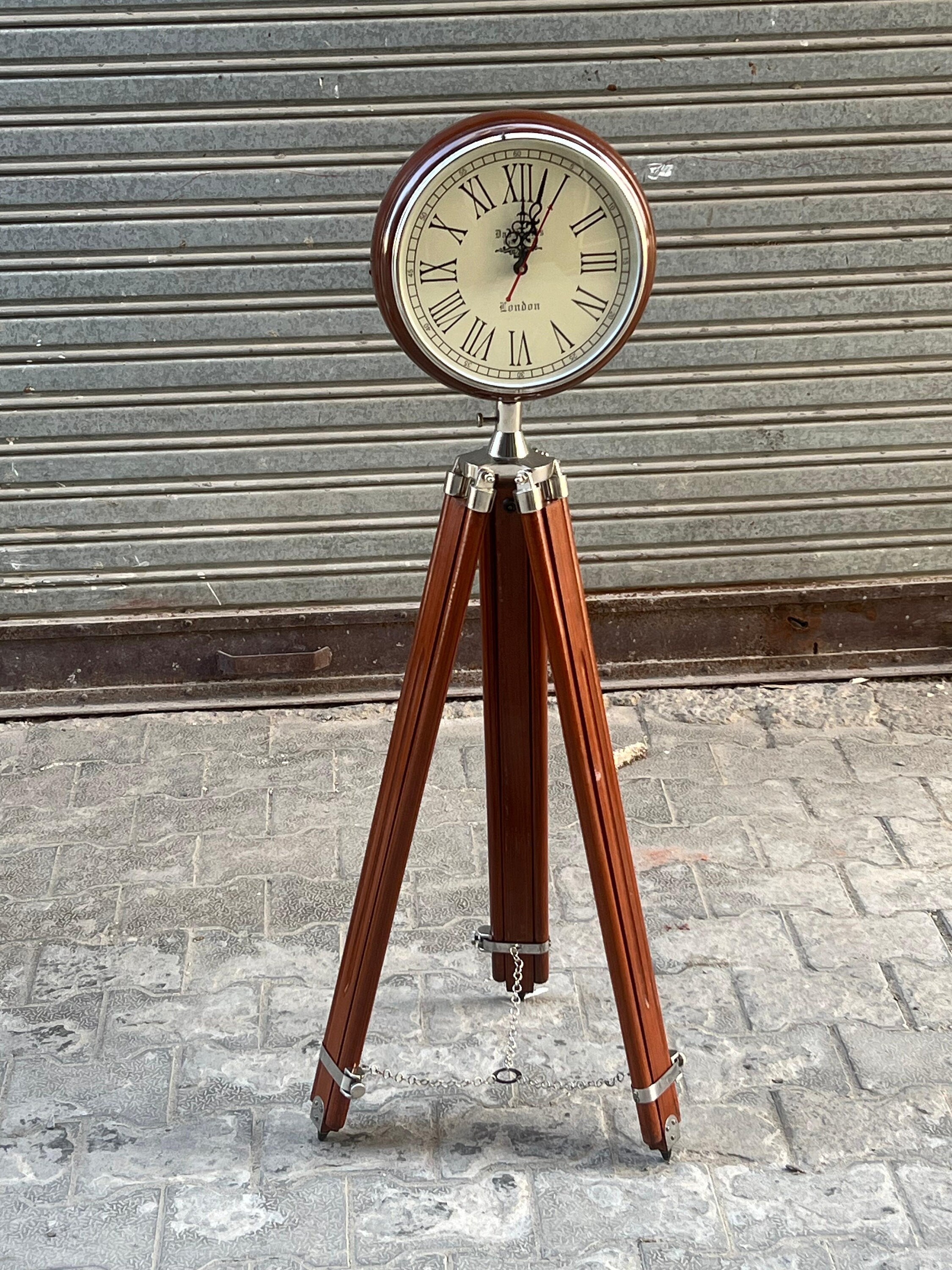 Modern Brown Polished Wooden Tripod Clock Large Analog Display for Home ...