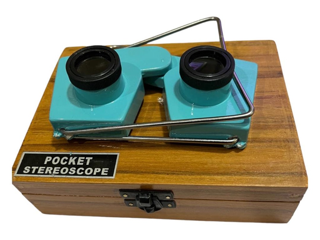 Pocket Stereoscope Mini Aluminum Folding 2 X View Pocket Stereoscope With Wooden Box for ...