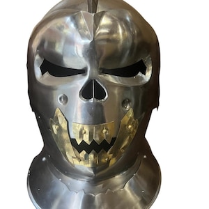 Skull Demonic Helmet With Brass Teeth – 18 Gauge Medieval Knight Armor ...