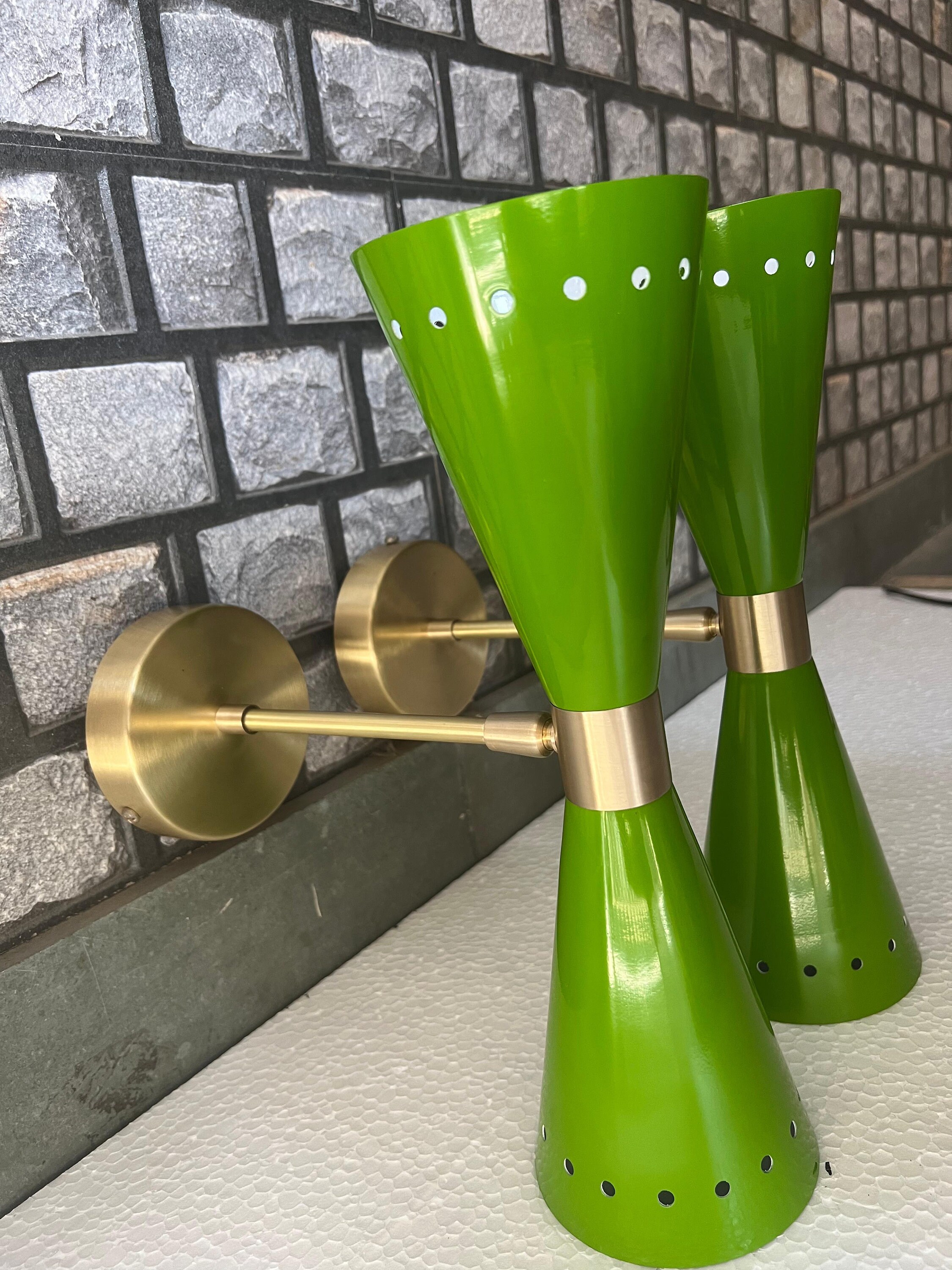Green & Brass Diabolo Double Mid Century Wall Sconce Mid Century Modern ...