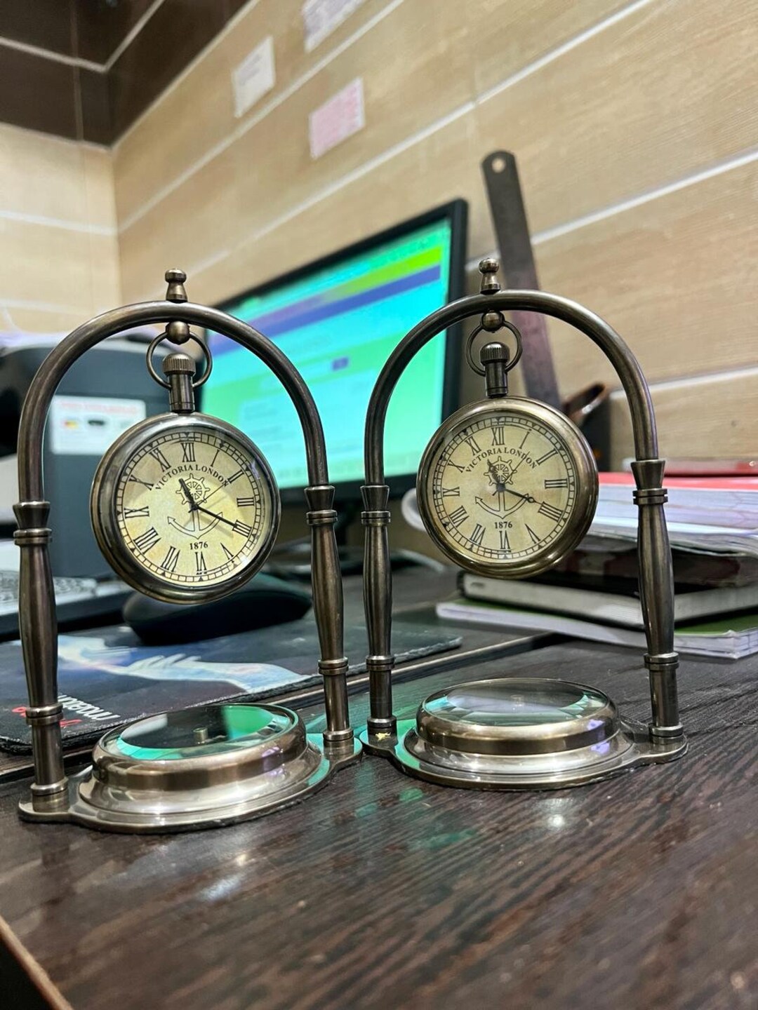 Retro Brass Small Table /desk Clock With Roman Numerals and Compass ...